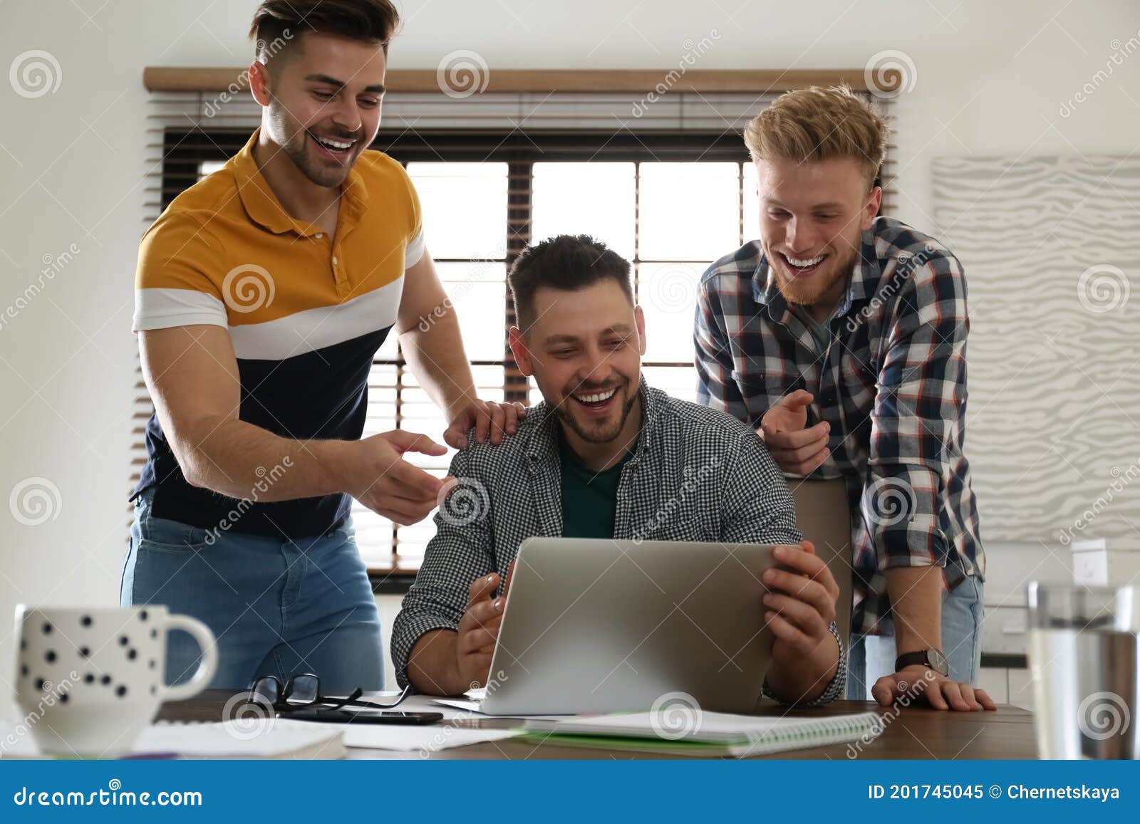 Happy Friends Working Together in Modern Office Stock Image - Image of ...