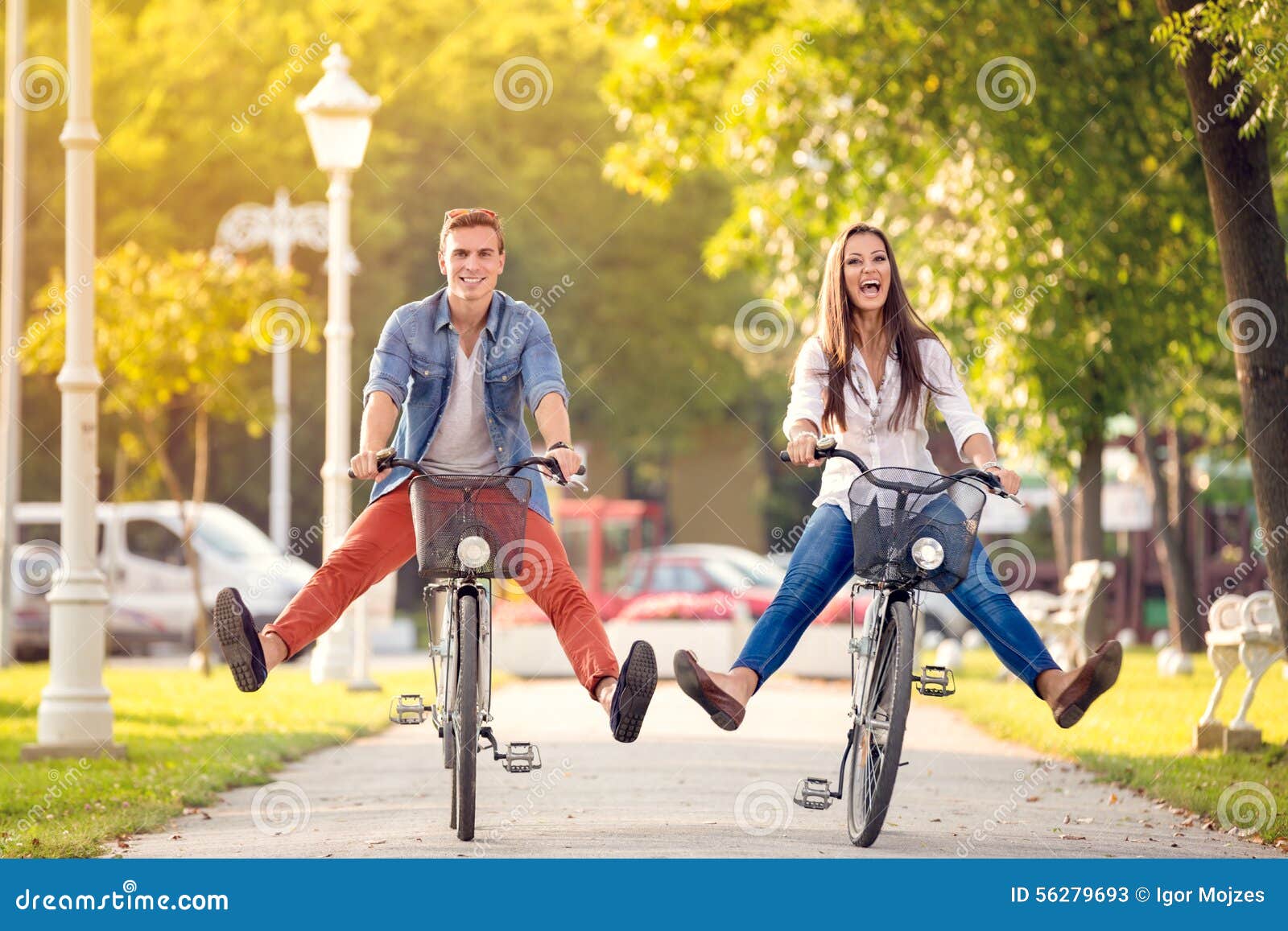 Happy Funny Couple Riding on Bicycle Stock Image - Image of cheerful ...