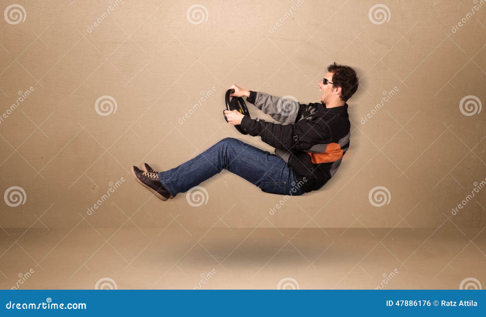 Happy Funny Man Driving a Flying Car Concept Stock Photo - Image of ...