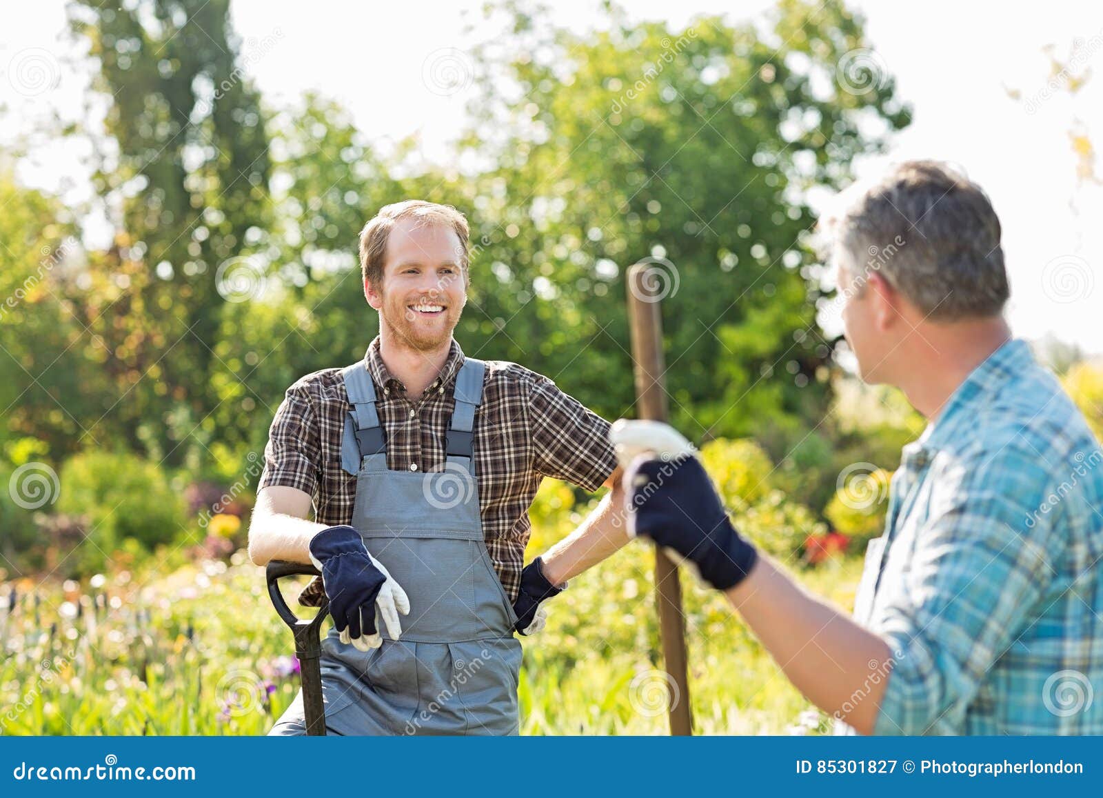 Happy Gardeners Talking at Plant Nursery Stock Image - Image of male ...