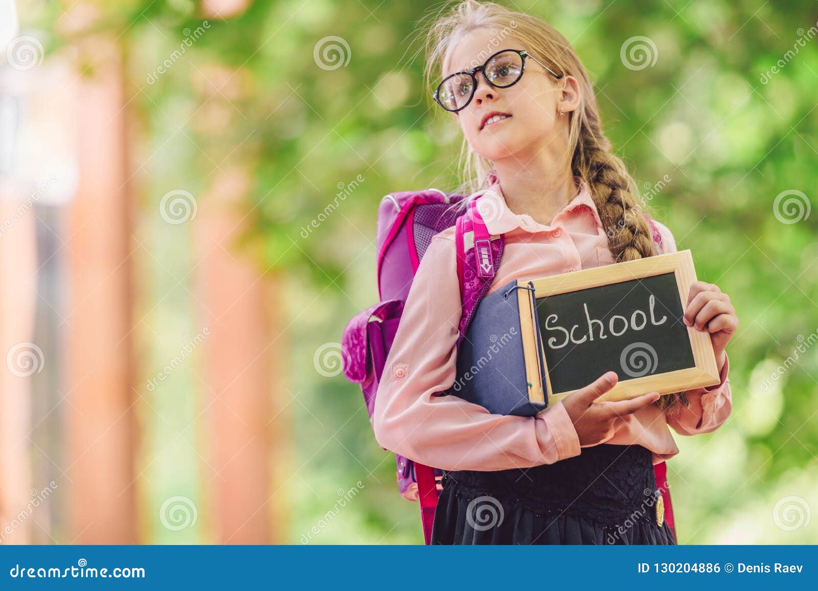 Happy Girl with a Backpack Outdoors Stock Photo - Image of schoolbag ...