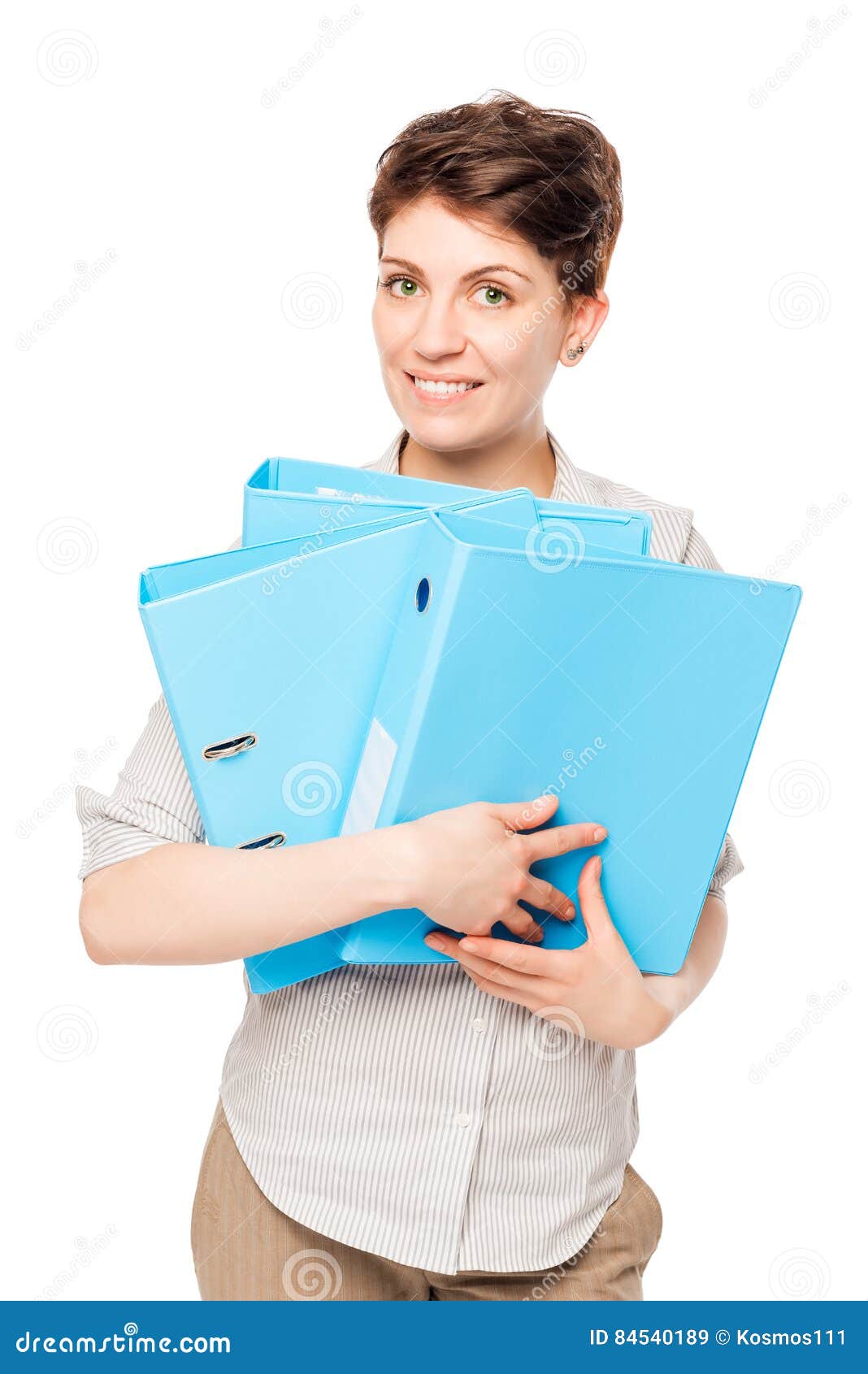 Happy Girl with Blue Folders for Documents on a White Stock Image ...