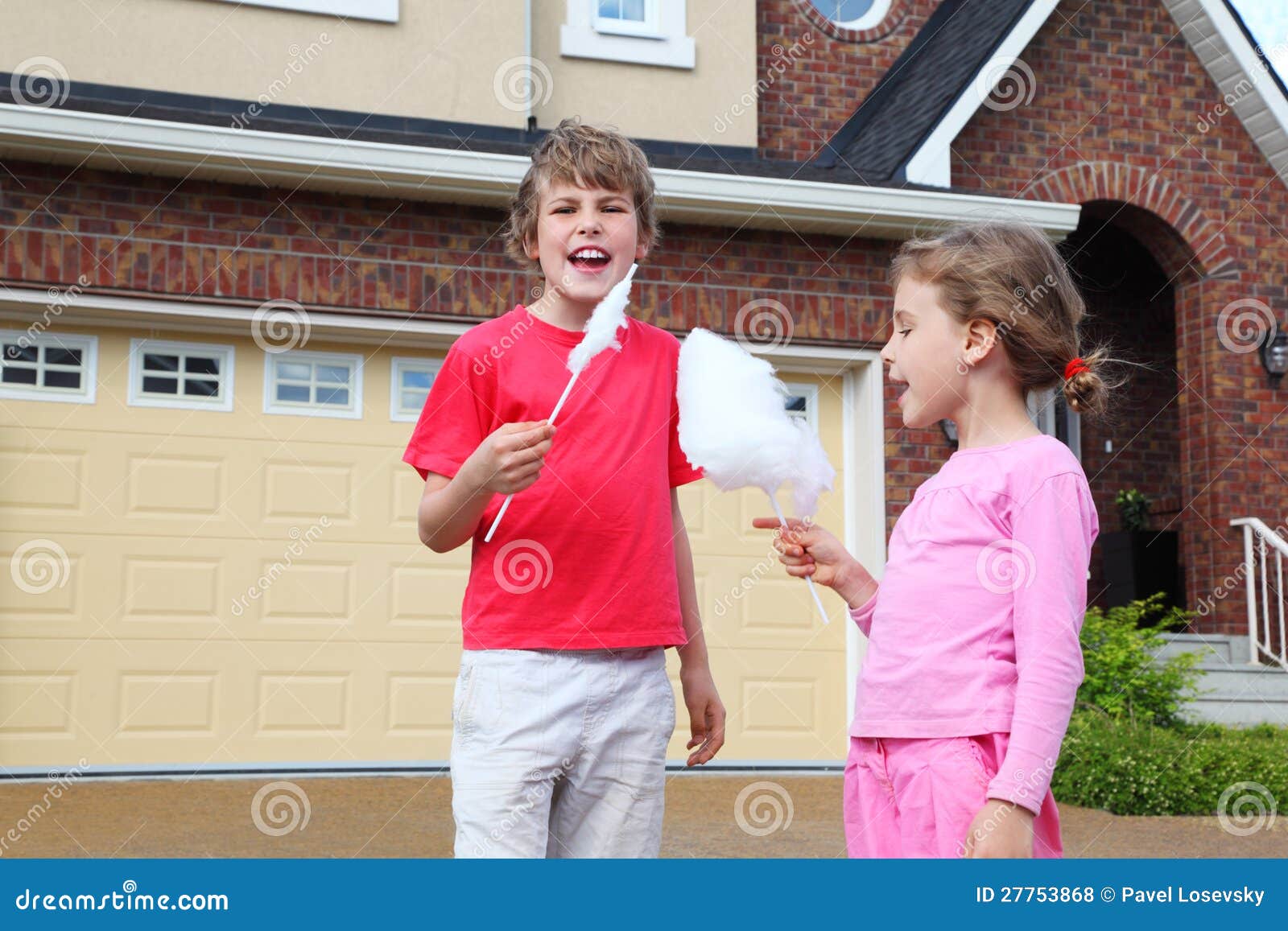 Happy Girl and Boy with Cotton Candy Scream Stock Photo - Image of ...