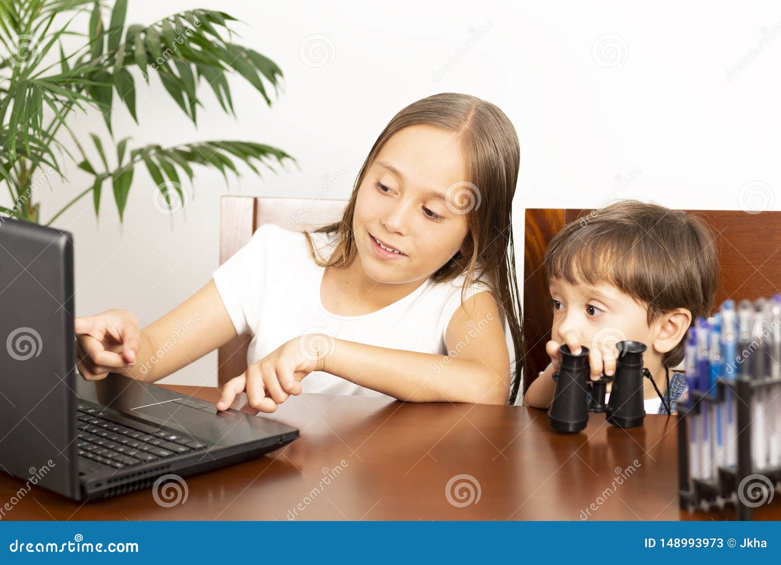Happy Girl and Boy Using Laptop Stock Image - Image of kids, infant ...