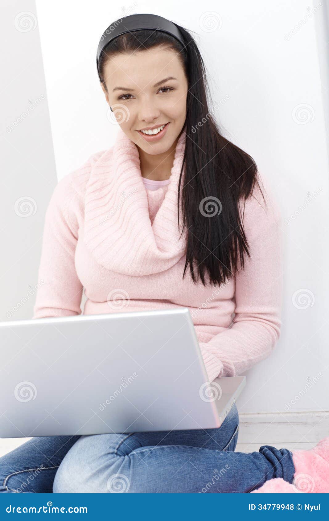 Happy Girl Browsing Internet on Laptop Computer Stock Photo - Image of ...