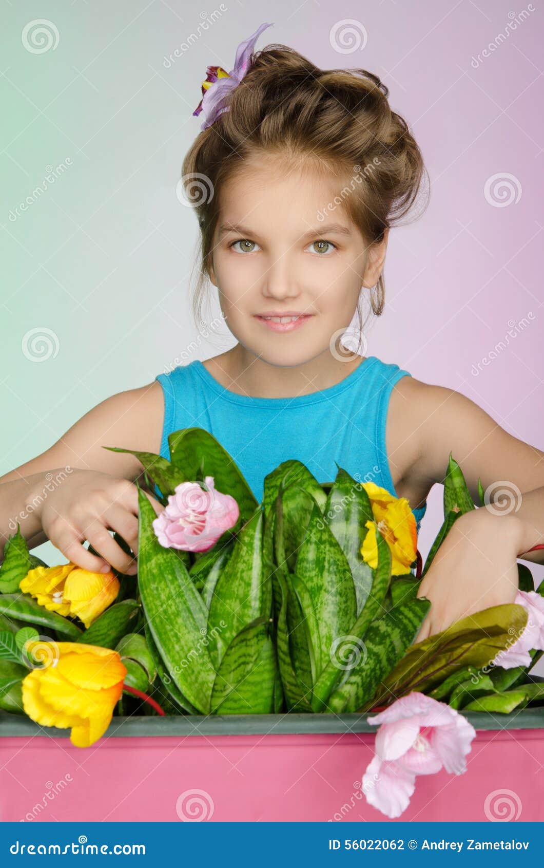 Happy Girl is Caring for Flowers Stock Photo - Image of blue, coloured ...