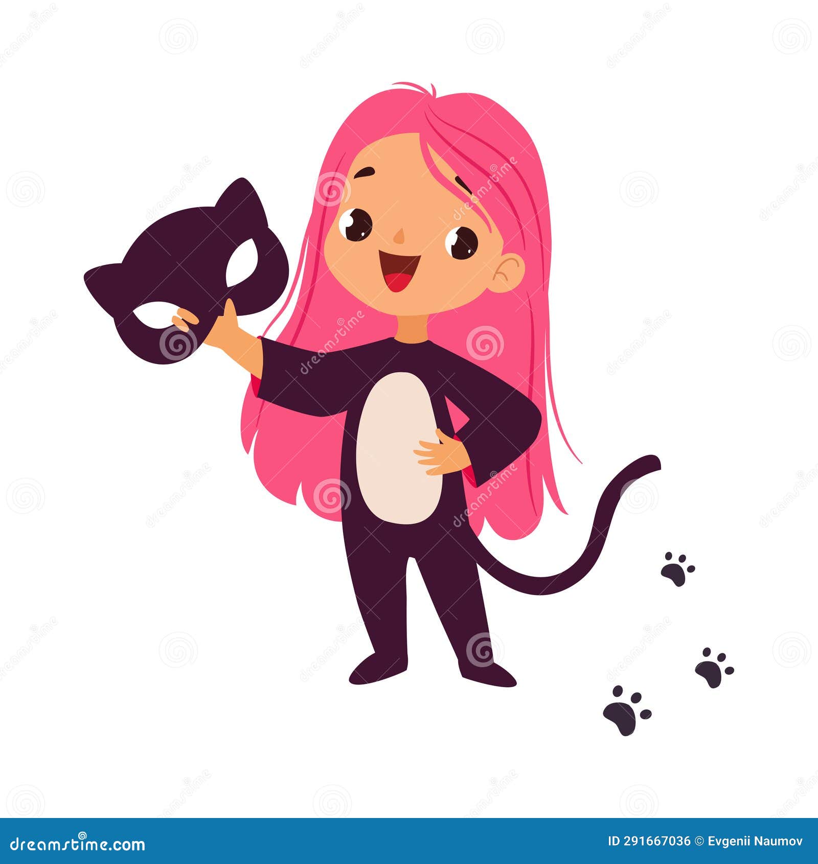 Happy Girl Character At Halloween Party Celebration In Cat Costume
