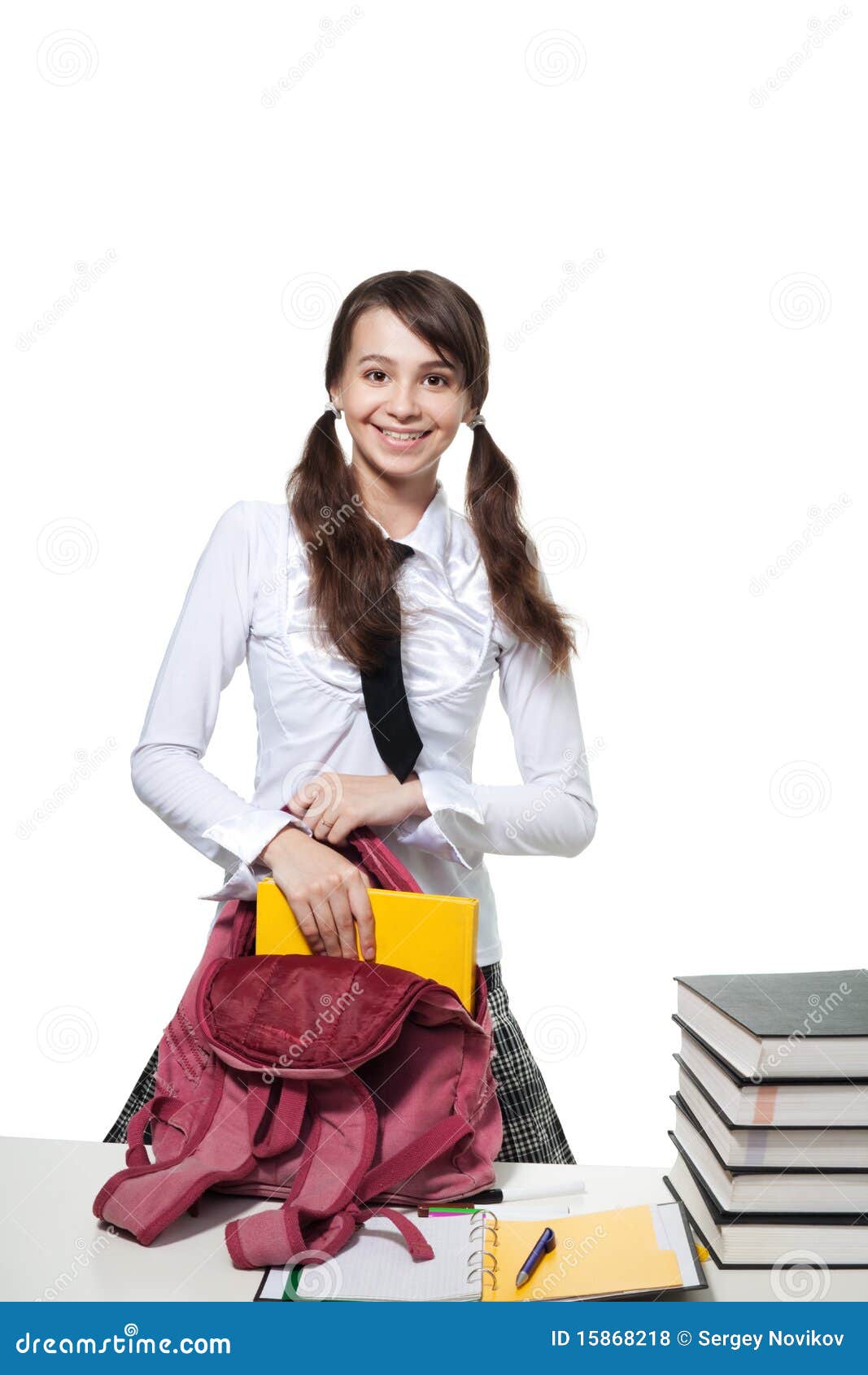 Happy Girl Collecting Books Stock Photo - Image of skirt, backpack ...