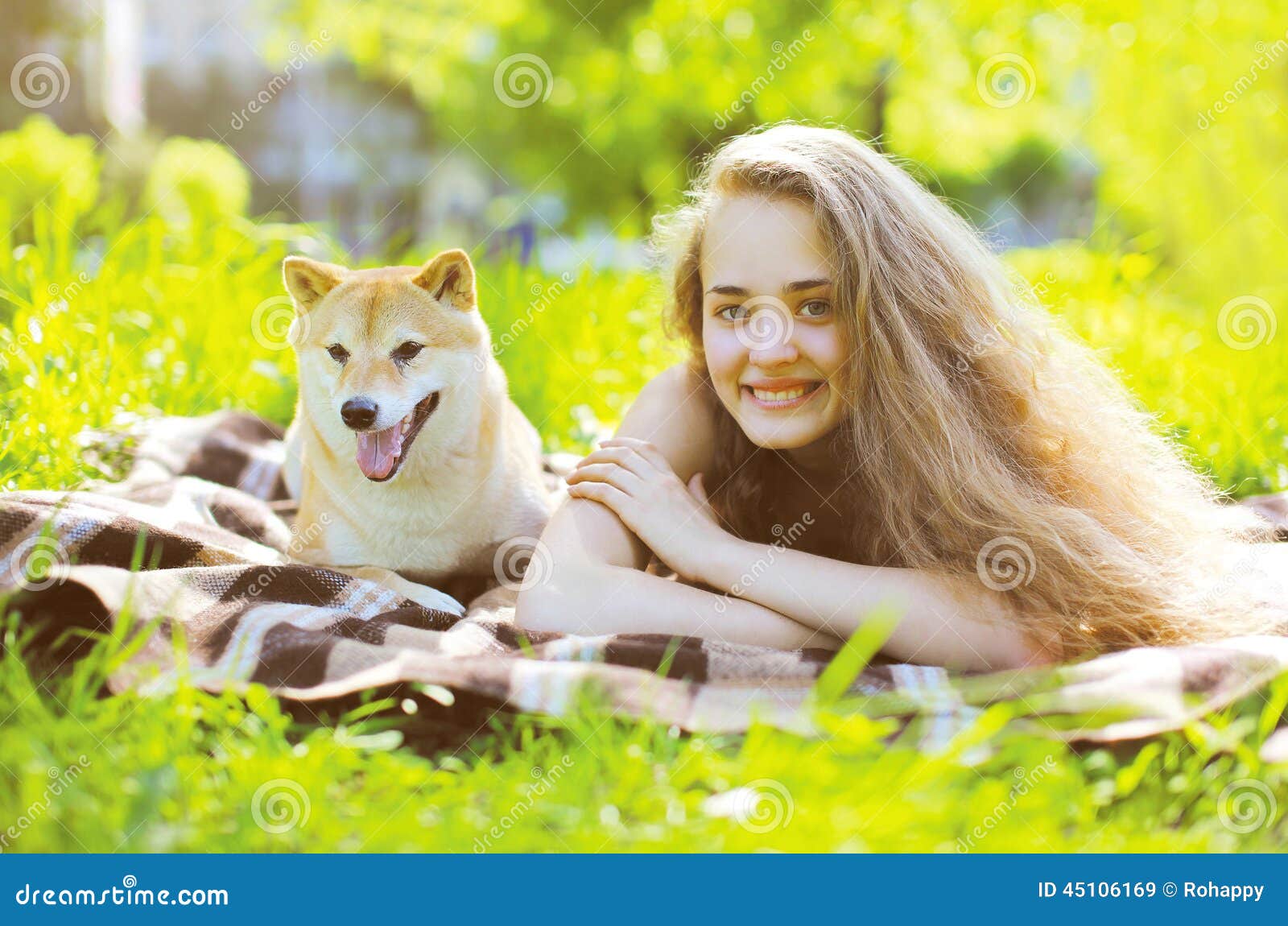 Happy Girl and Dog Having Fun on the Grass Stock Image - Image of ...
