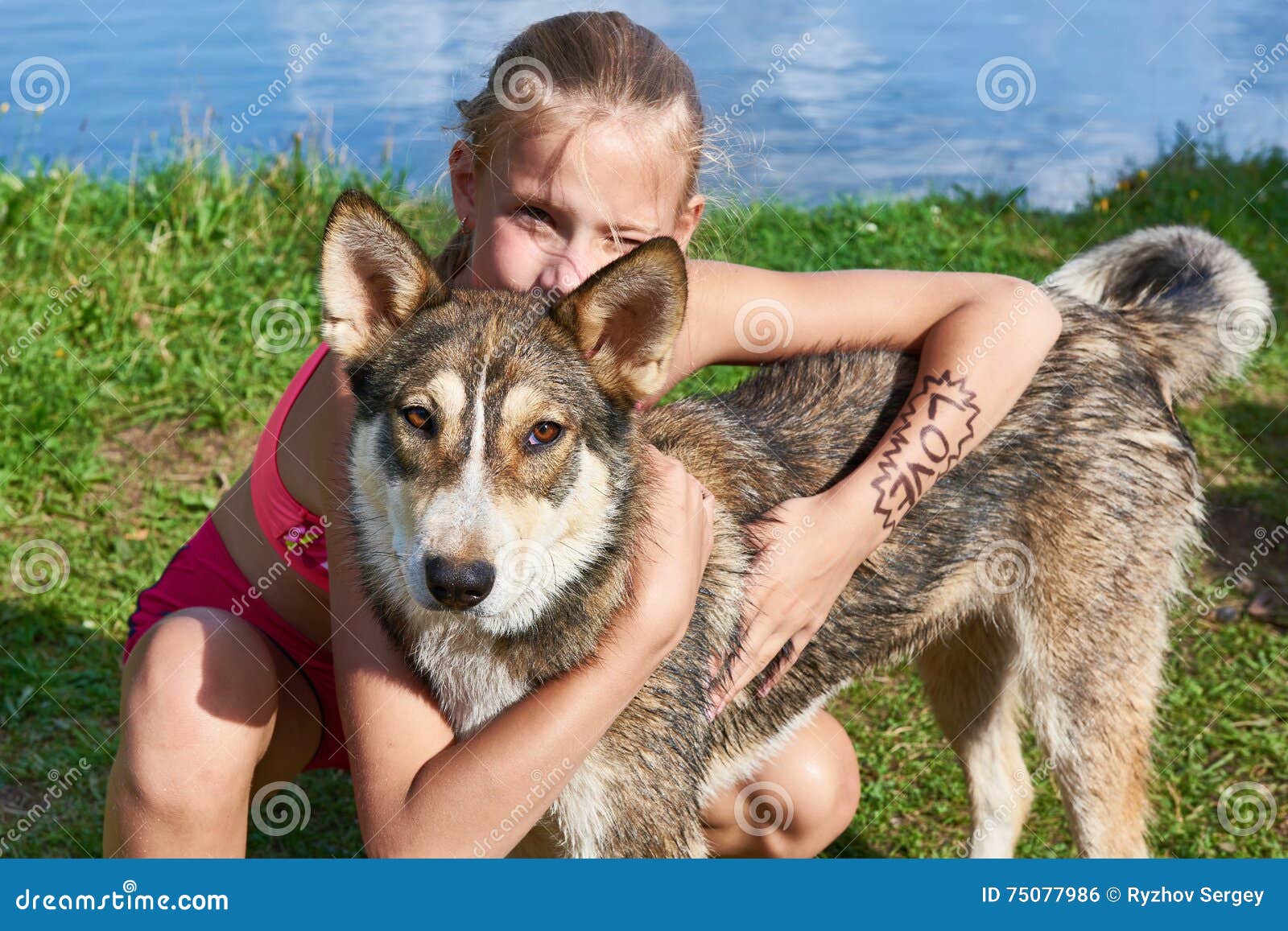 Happy girl with dog stock photo. Image of animals, person - 75077986