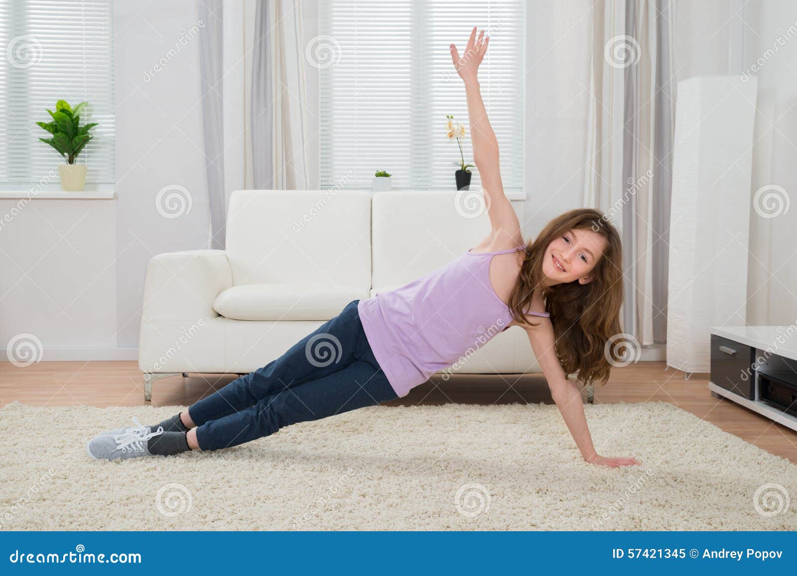 Happy Girl Doing Exercise at Home Stock Image - Image of exercise ...