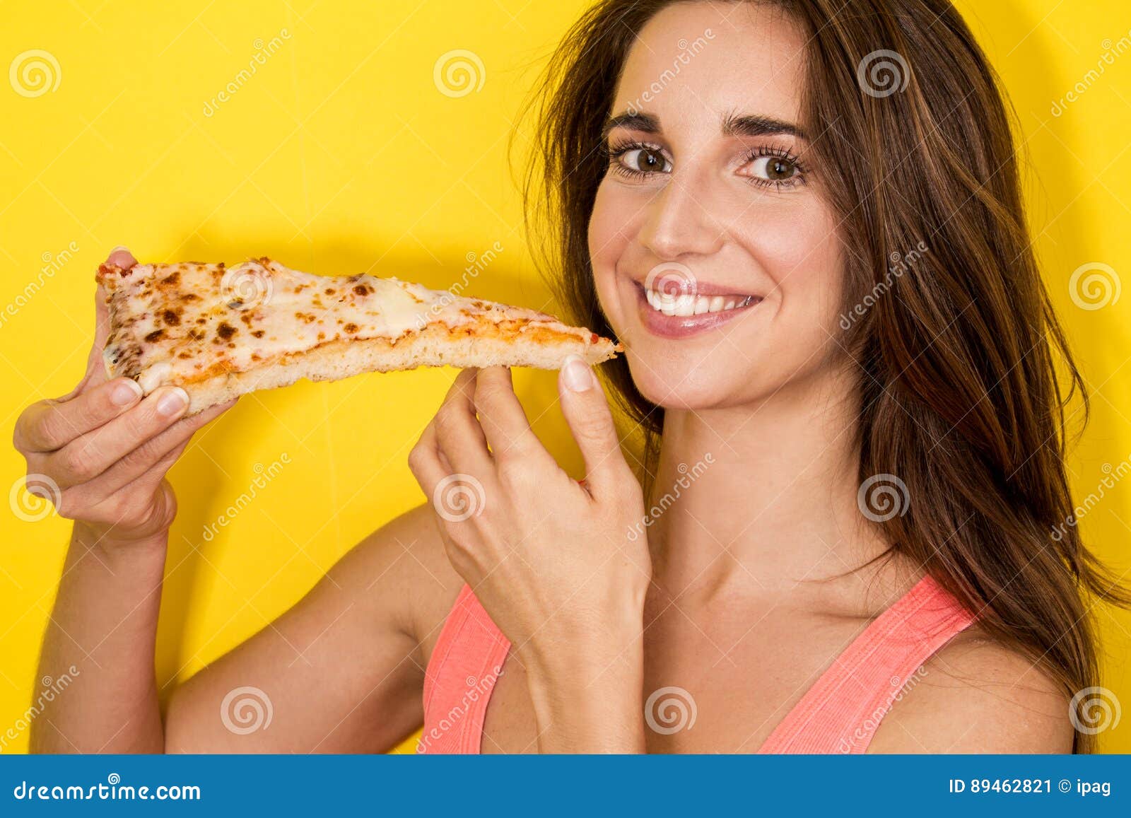 Happy girl eating pizza stock image. Image of girl, cheese - 89462821