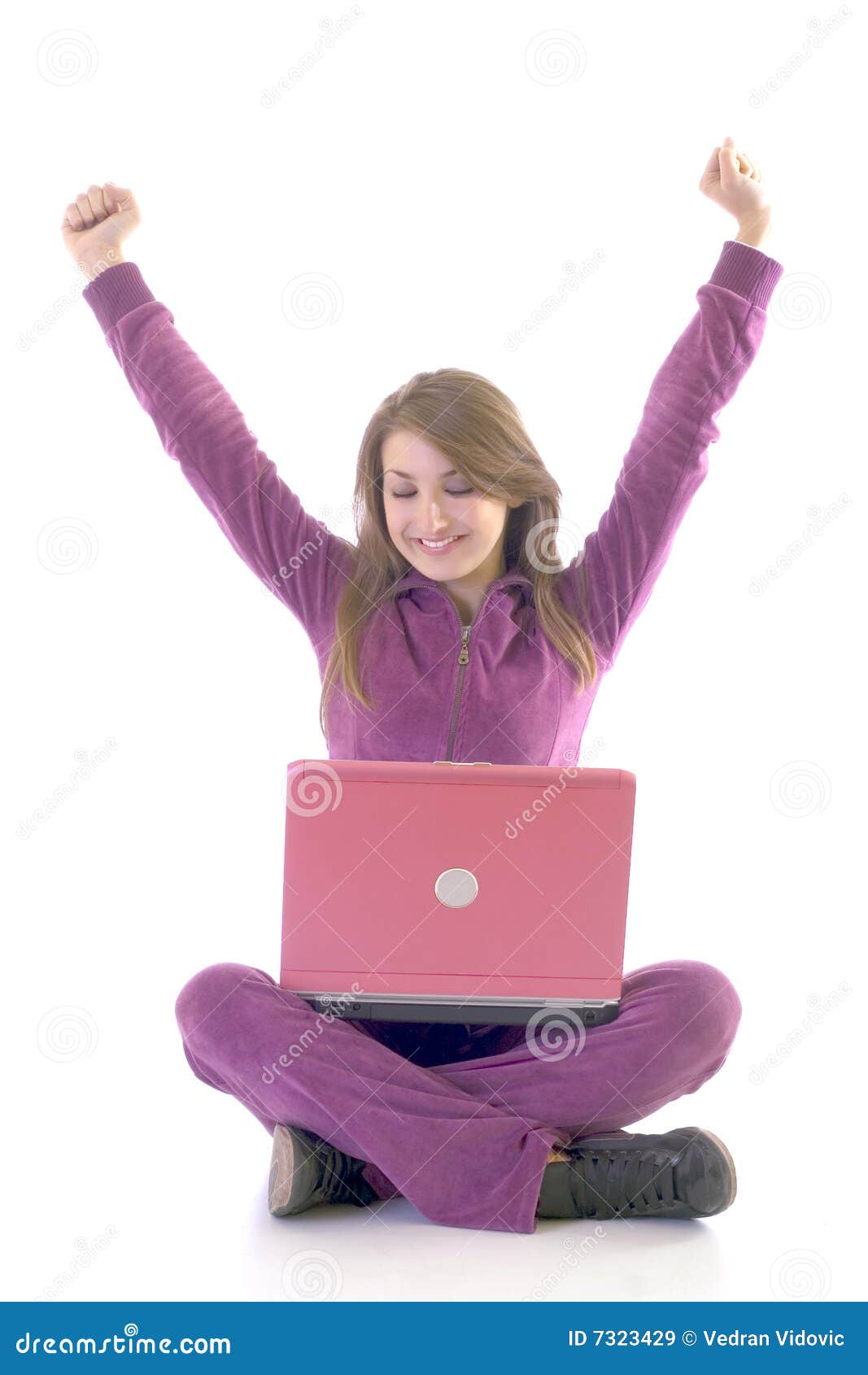 Happy Girl on Floor Using Laptop. Success. Stock Image - Image of ...