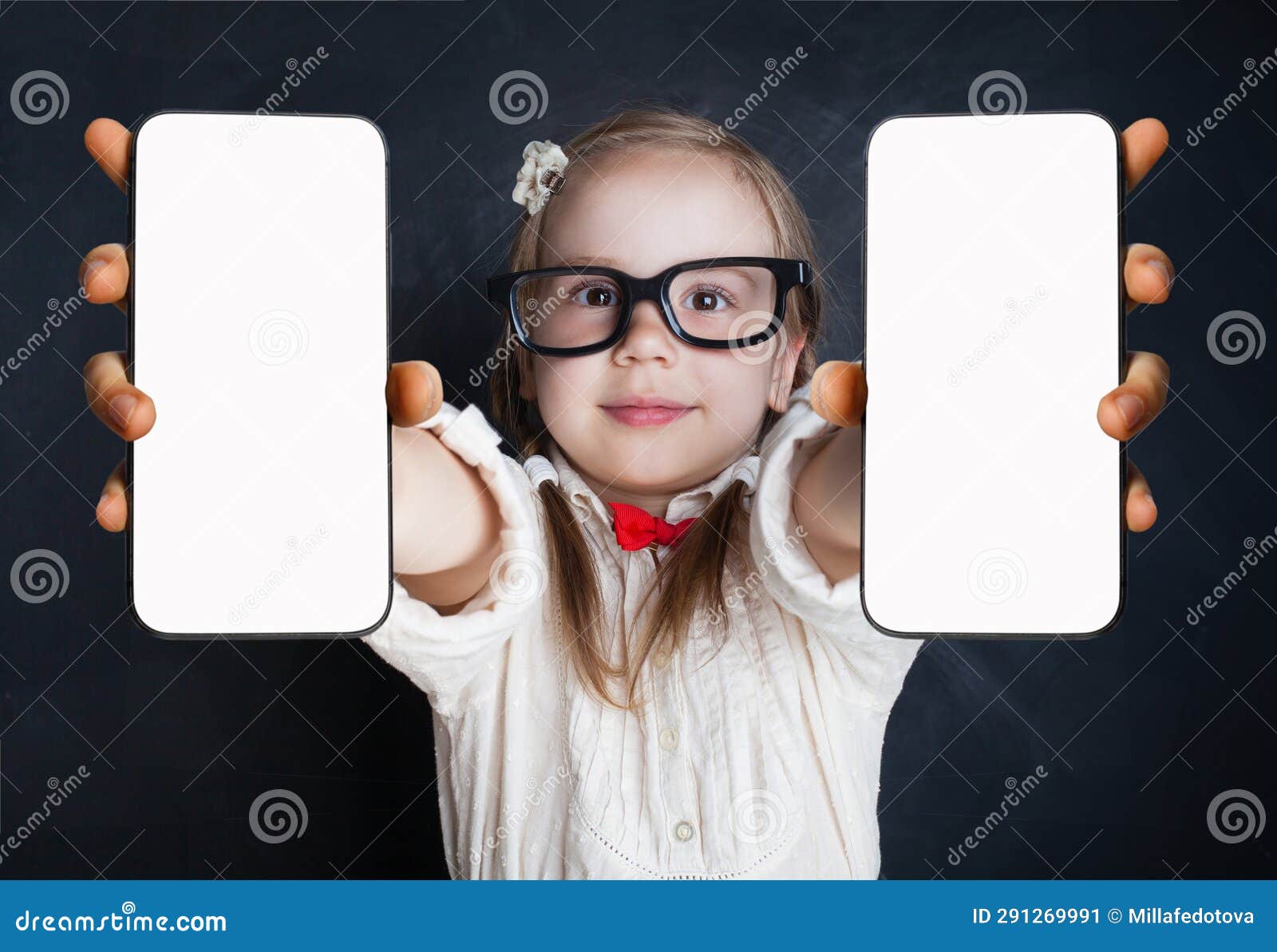 Happy Girl In Glasses Holding Smartphone With Blank Empty White Screen Display For New