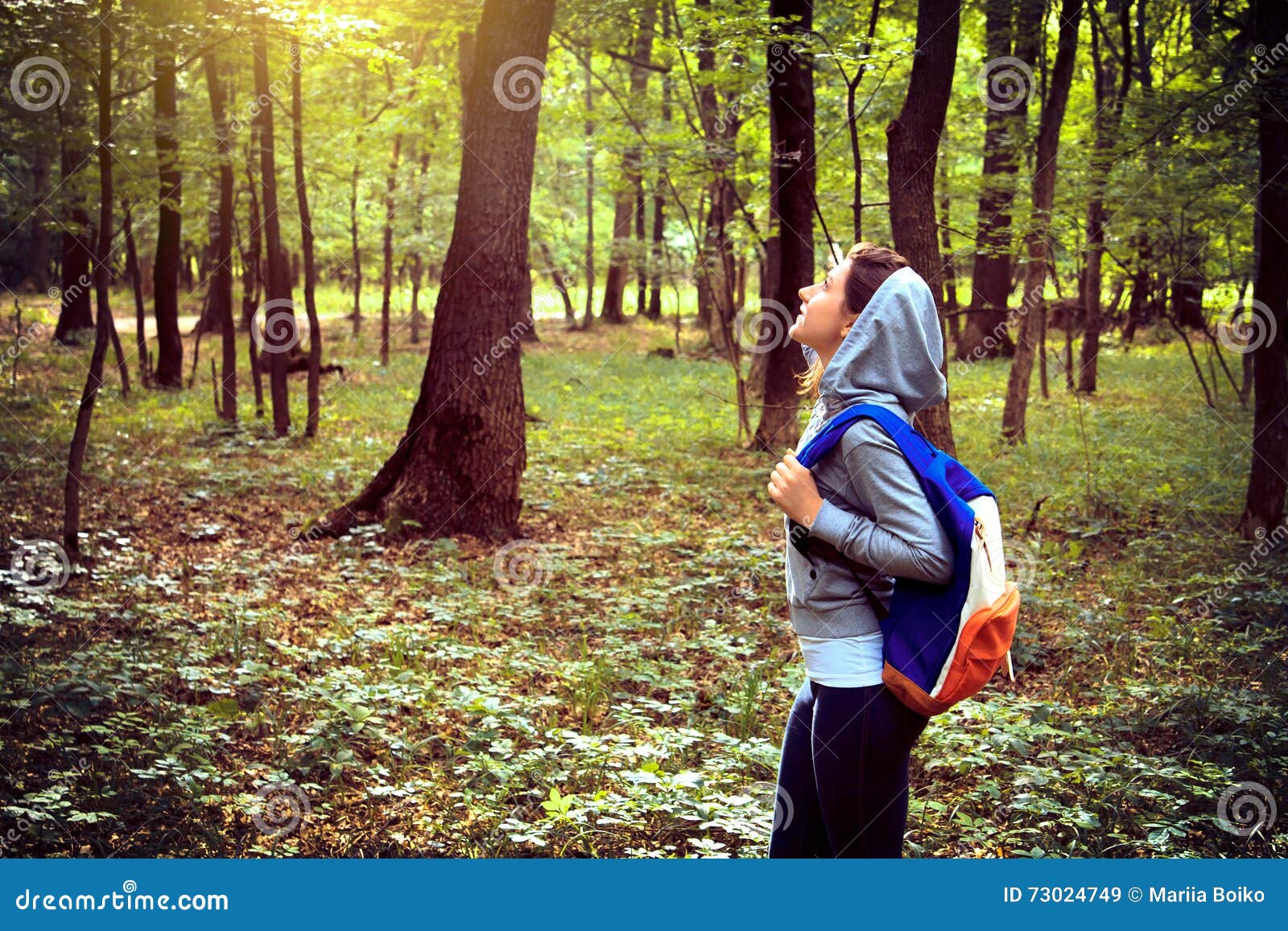 Happy Girl Going through the Forest Stock Image - Image of recreation ...