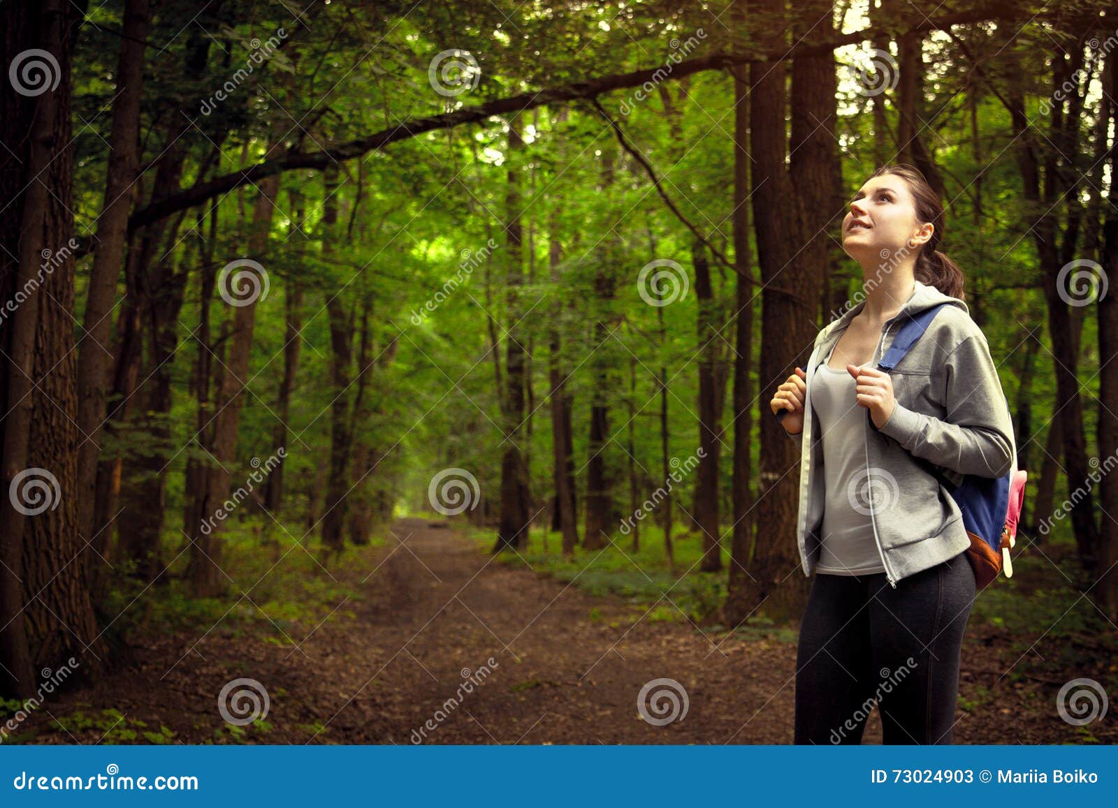 Happy Girl Going through the Forest Stock Image - Image of girl, hiking ...