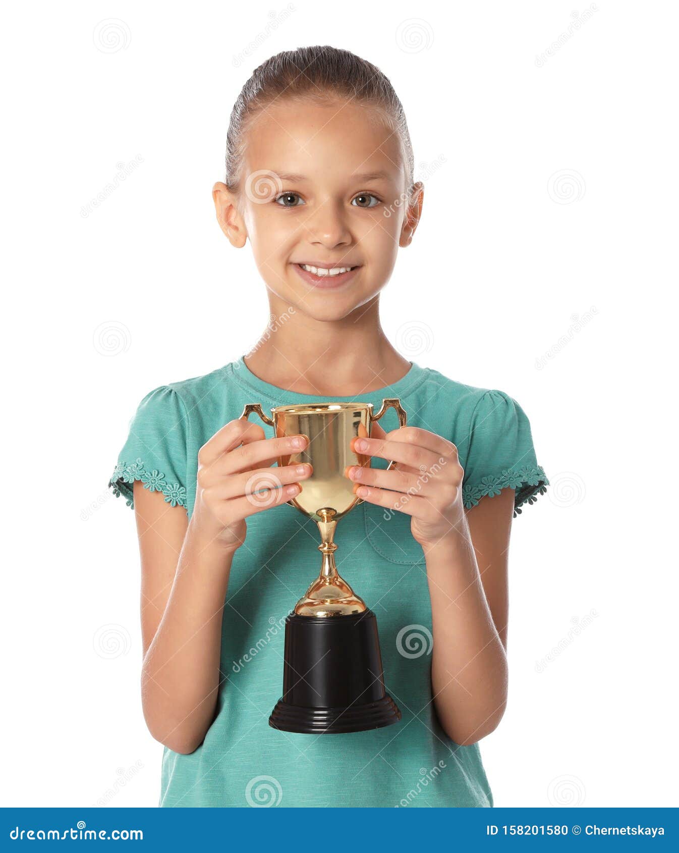 Happy Girl with Golden Winning Cup on White Stock Photo - Image of ...