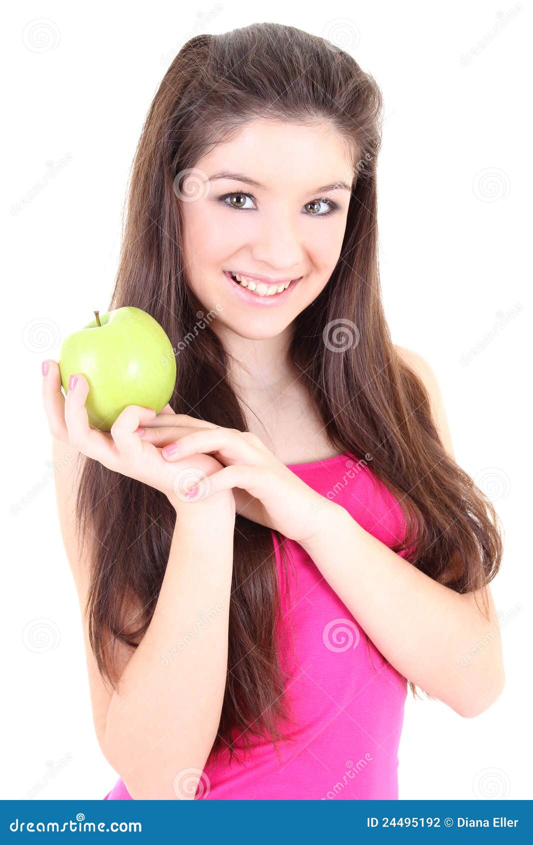 Happy Girl with Green Apple Stock Photo - Image of girl, background ...
