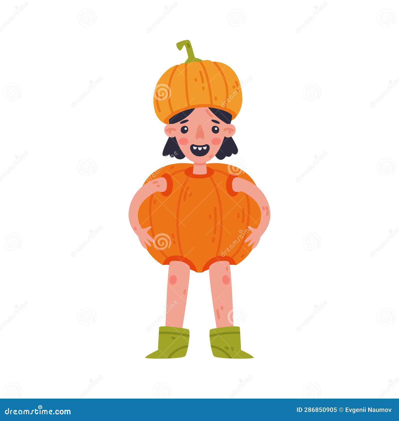 Happy Girl At Halloween Party In Pumpkin Costume Vector Illustration