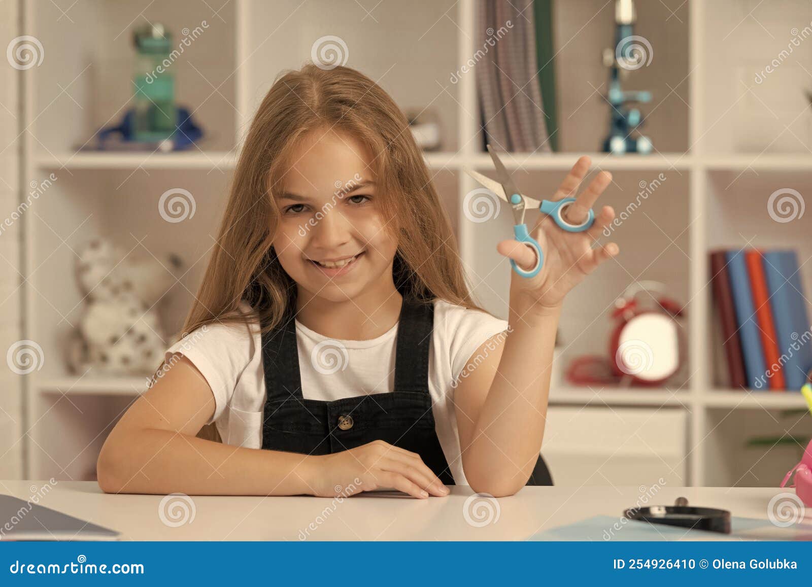 Happy Girl Hold Scissors in School Classroom Stock Photo - Image of ...