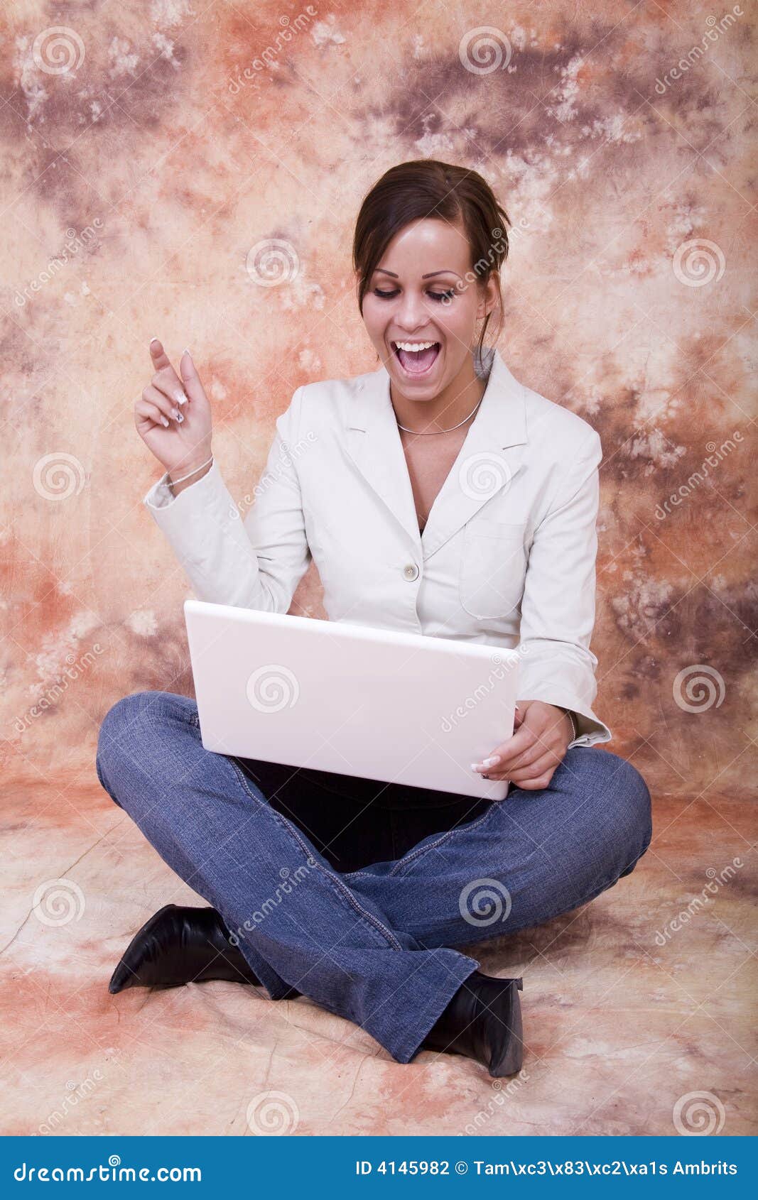 Happy girl with laptop stock photo. Image of comfy, living - 4145982