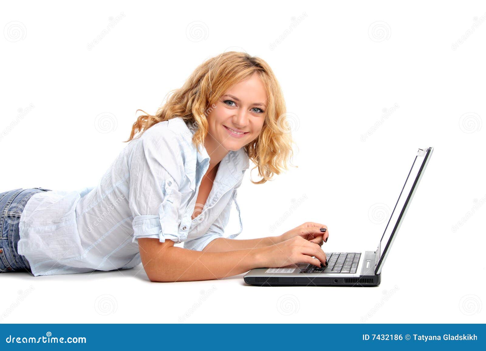 Happy girl with the laptop stock photo. Image of contemplation - 7432186