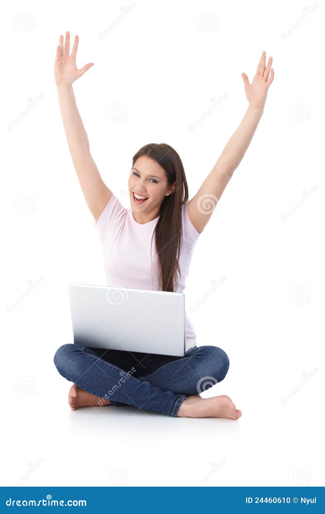 Happy Girl with Laptop Hands Up Stock Photo - Image of full, casual ...