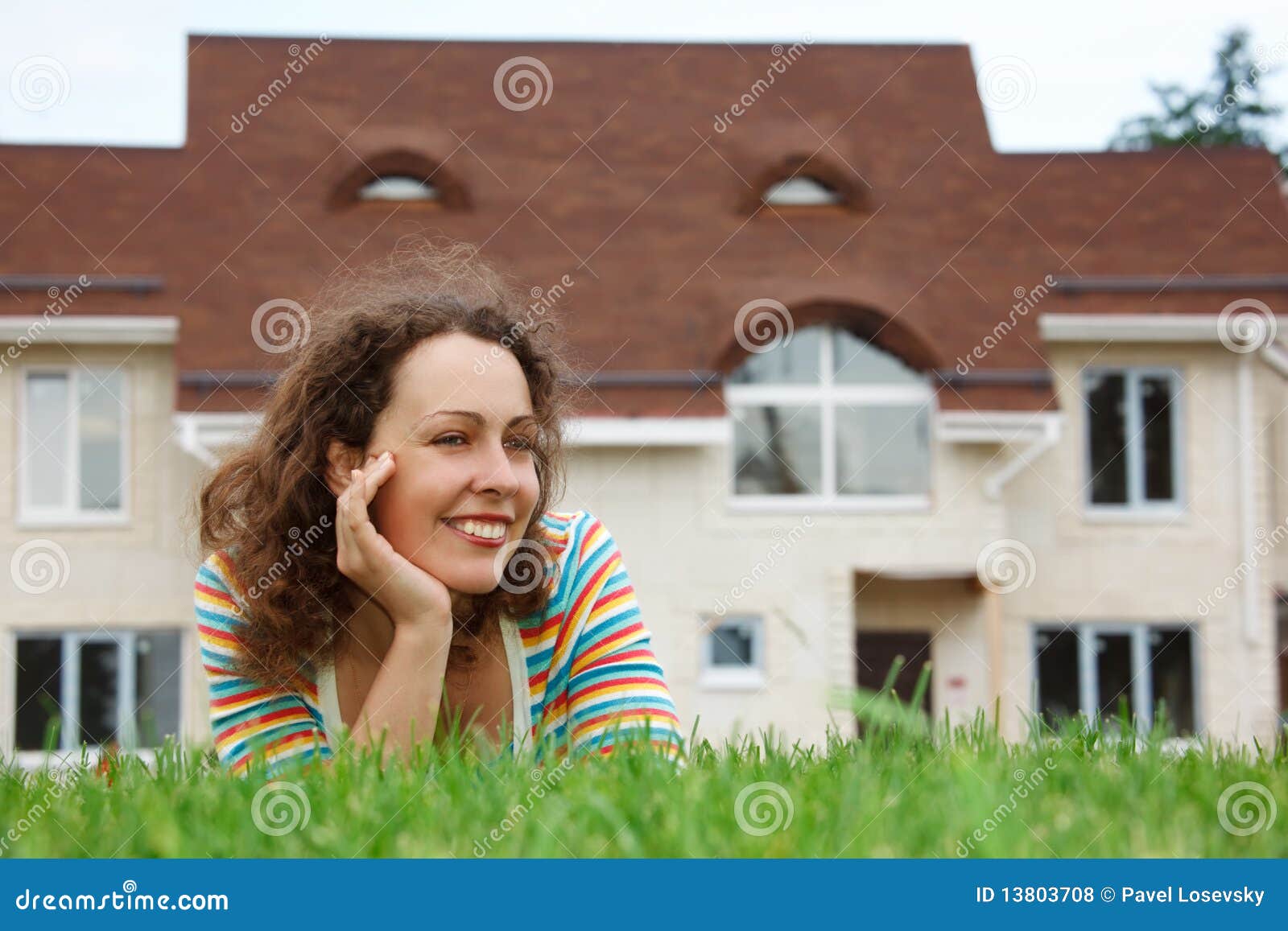 Happy Girl on Lawn in Front of New Home Stock Photo - Image of exterior ...