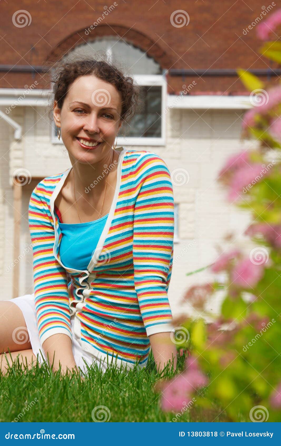 Happy Girl on Lawn in Front of New Home Stock Photo - Image of building ...