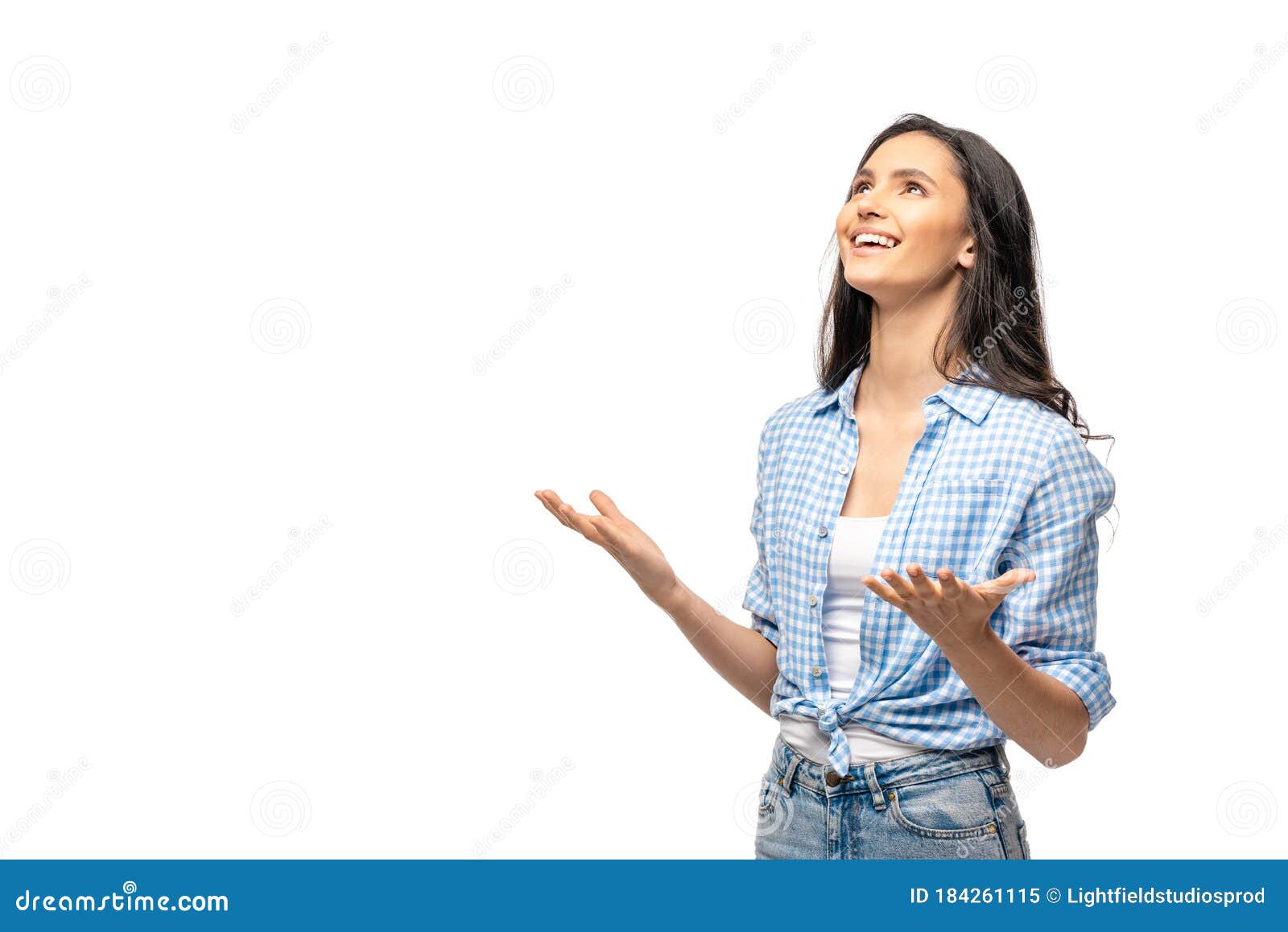 Girl Looking Up and Gesturing with Hands Isolated on White Stock Image ...