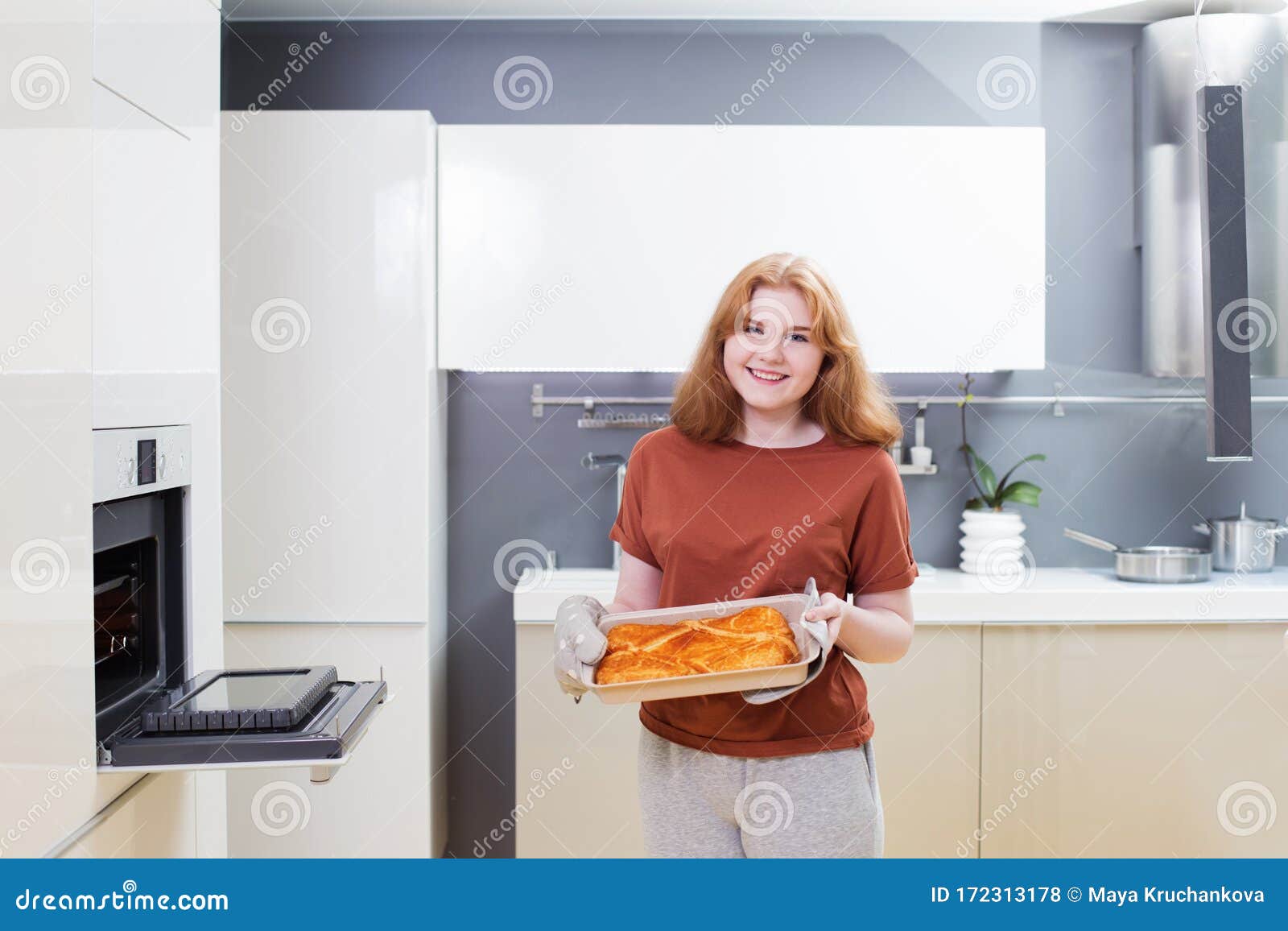 Girl Making Pie on Modern White Kitchen Stock Photo - Image of female ...