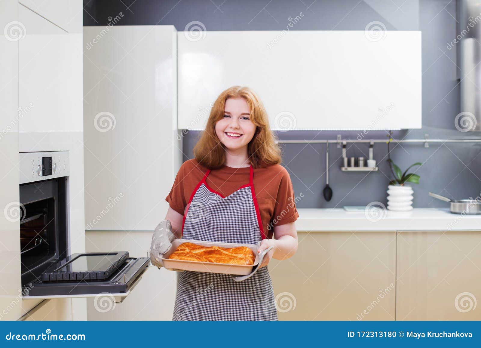Girl Making Pie on Modern White Kitchen Stock Photo - Image of happy ...