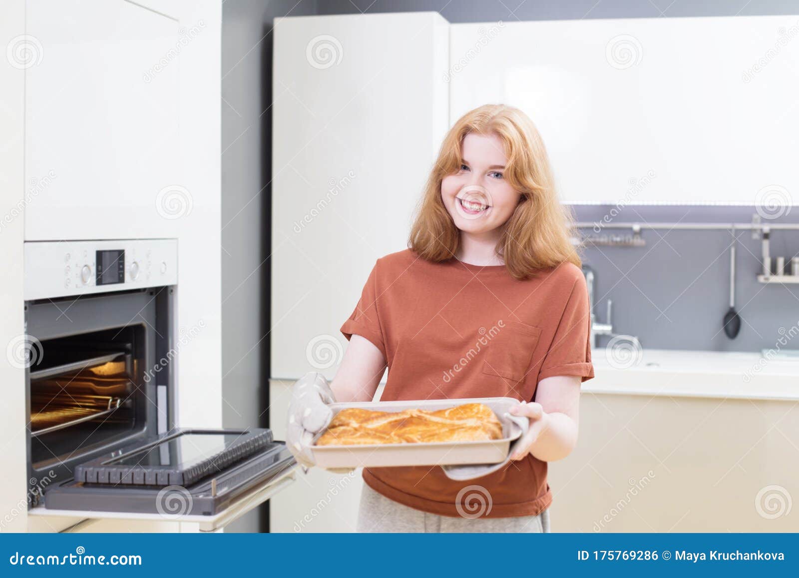 Girl Making Pie on Modern White Kitchen Stock Photo - Image of home ...