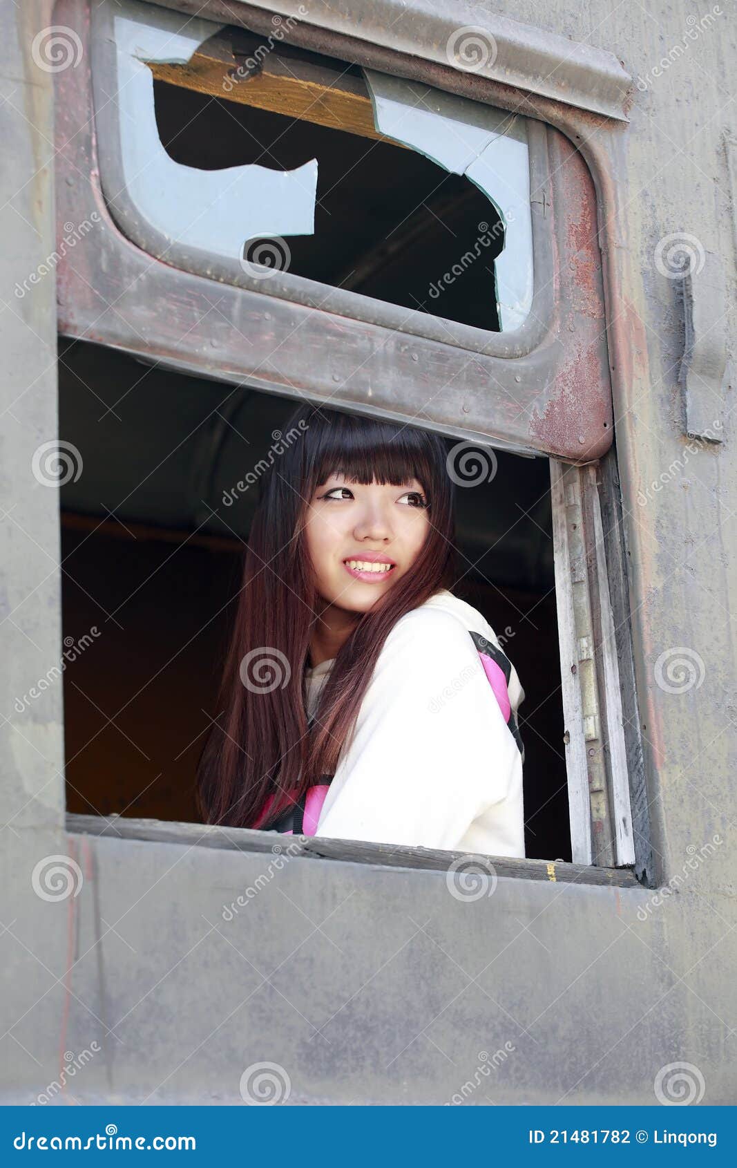 Happy girl on old train stock photo. Image of charm, fashion - 21481782