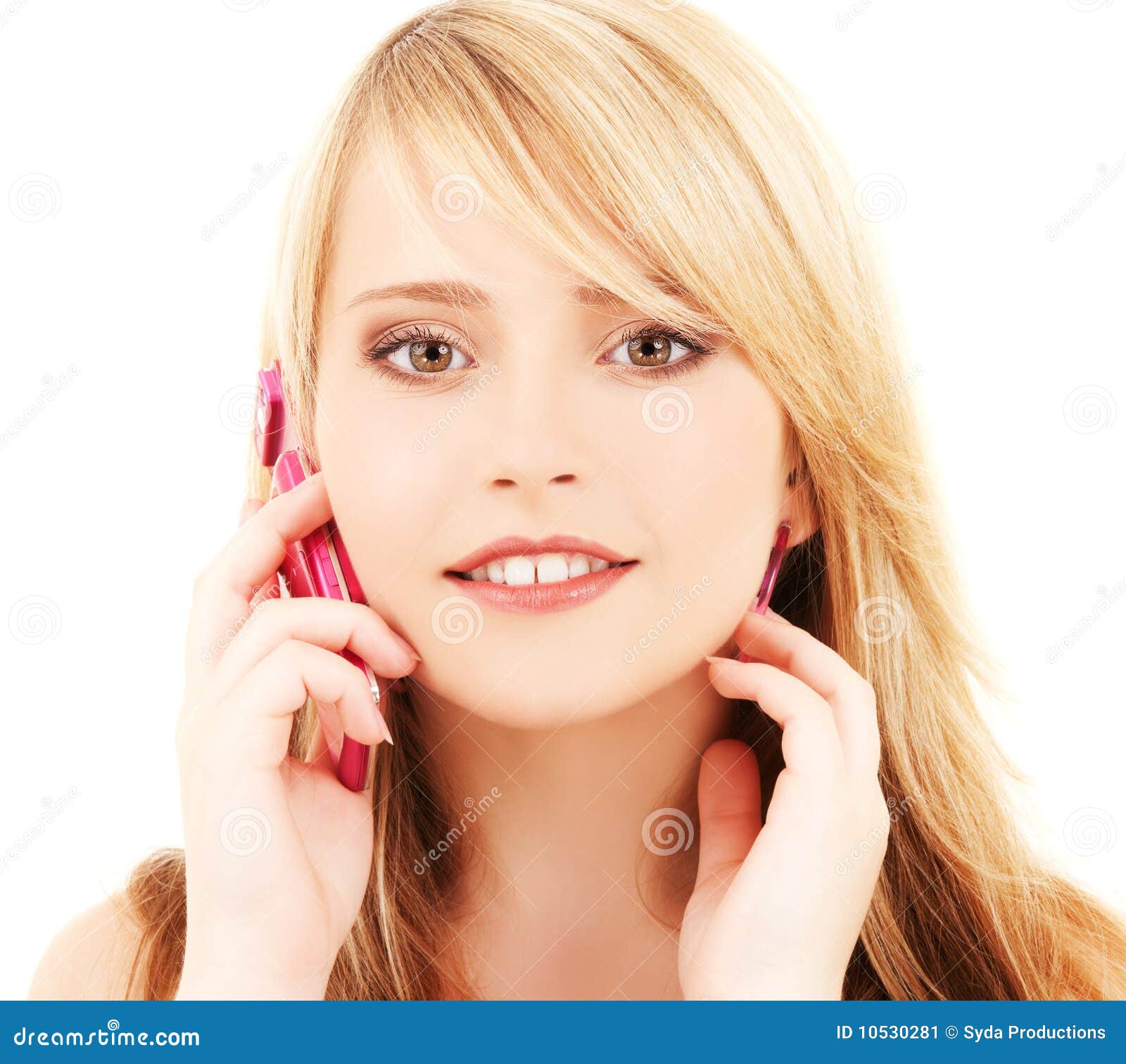 Happy girl with pink phone stock image. Image of information - 10530281