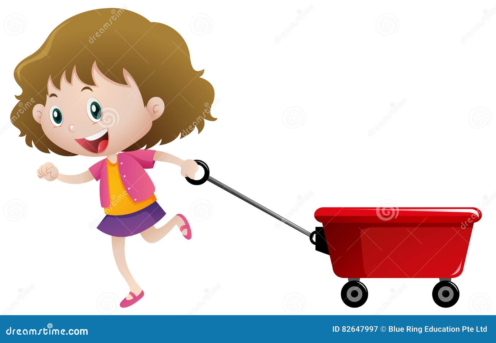 Happy Girl Pulling Red Wagon Stock Illustration - Illustration of ...