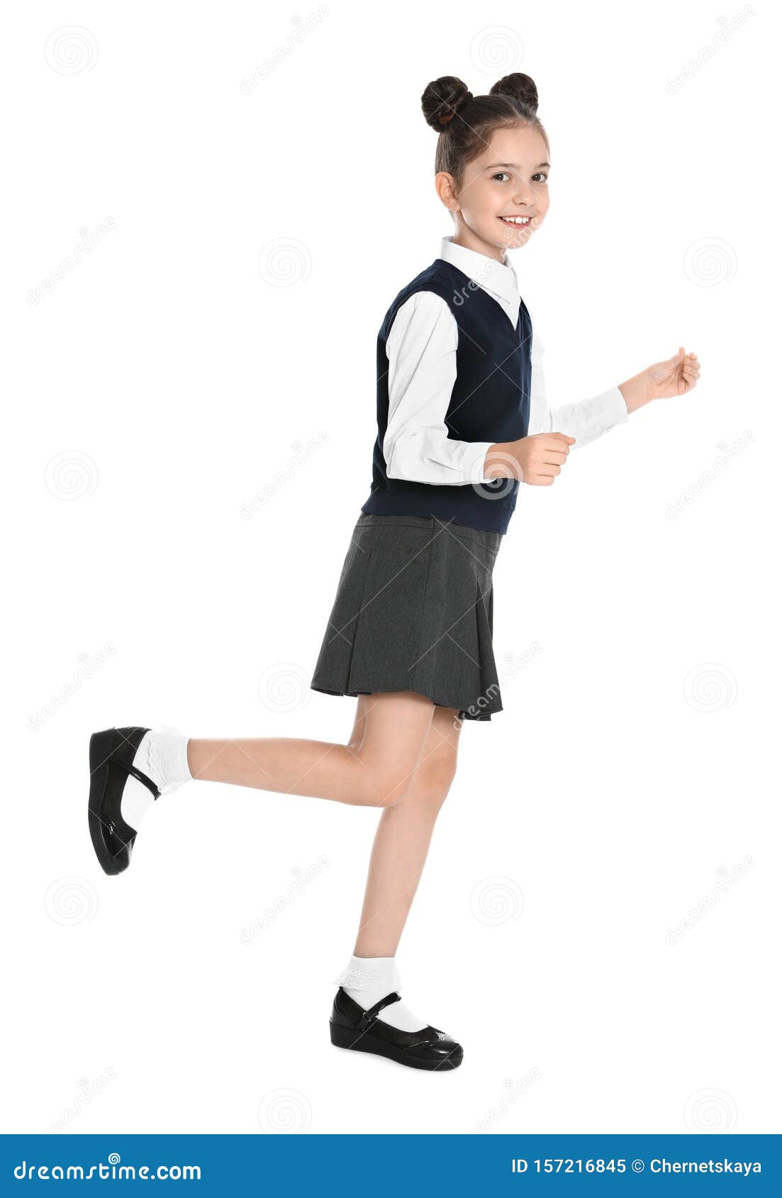 Happy Girl in School Uniform Walking on Background Stock Image - Image ...