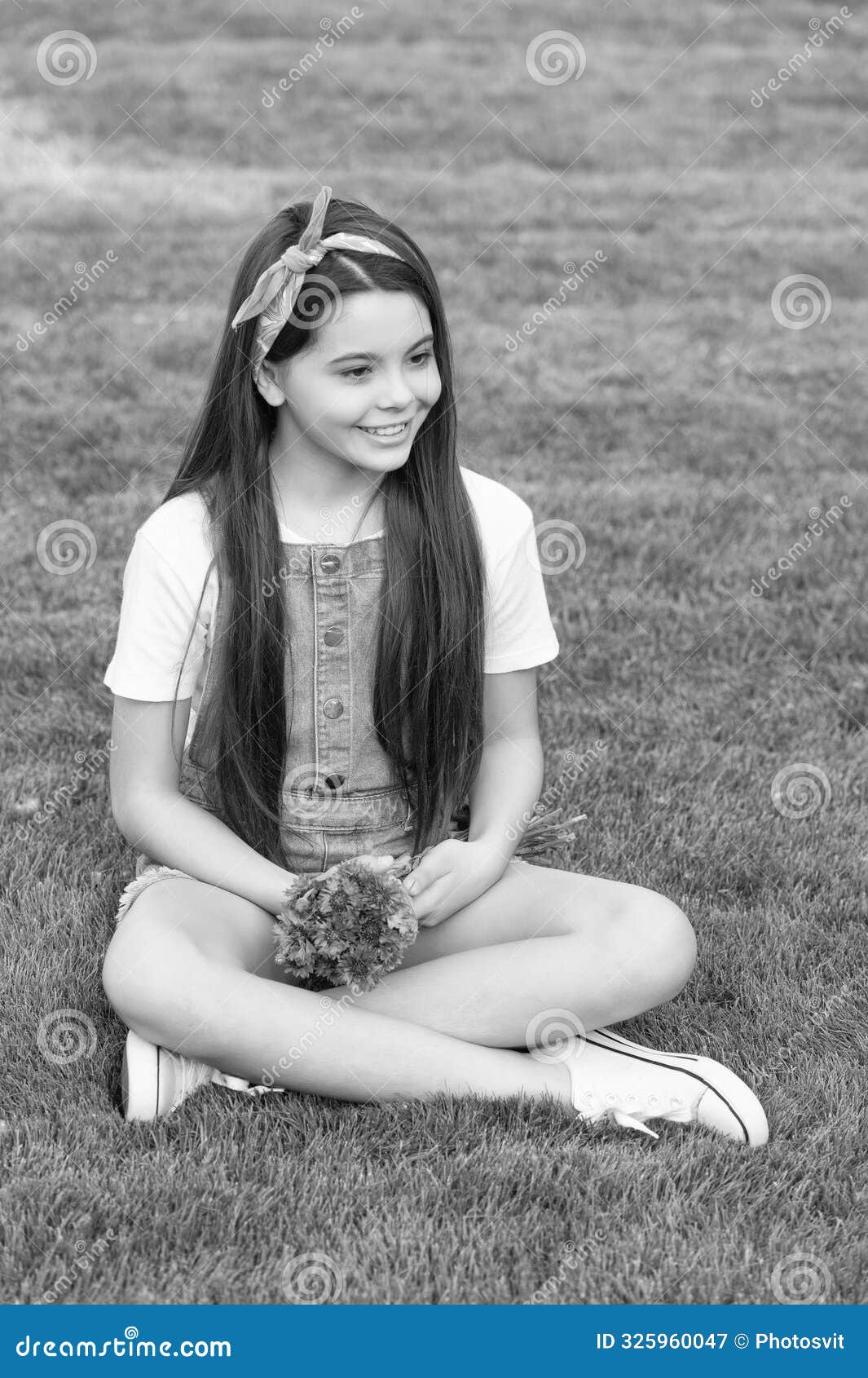 Happy Girl Sitting on Grass with Spring Flowers Stock Image - Image of ...