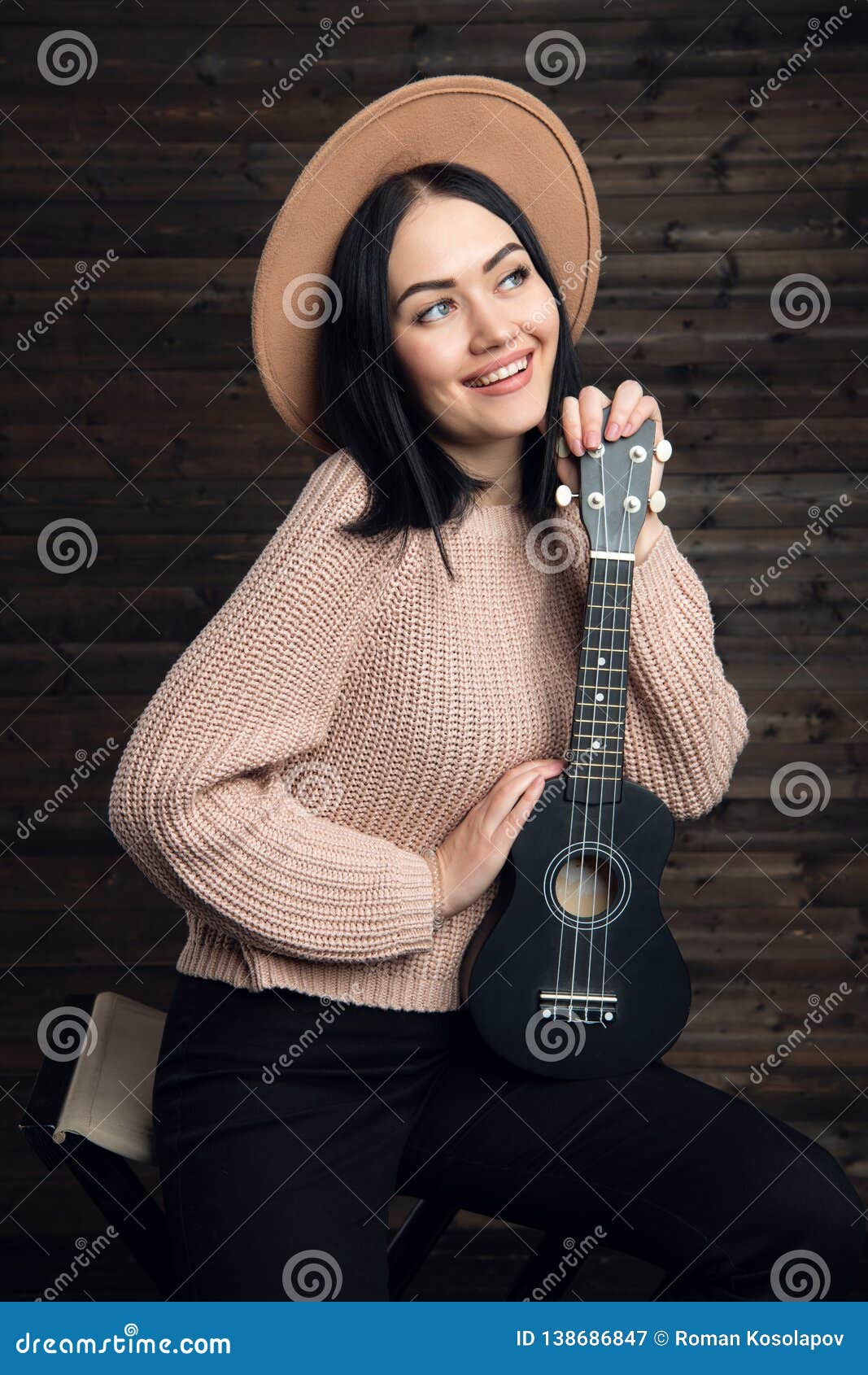 Happy Girl With Small Ukulele Guitar Shout Brunette Woman Having Fun
