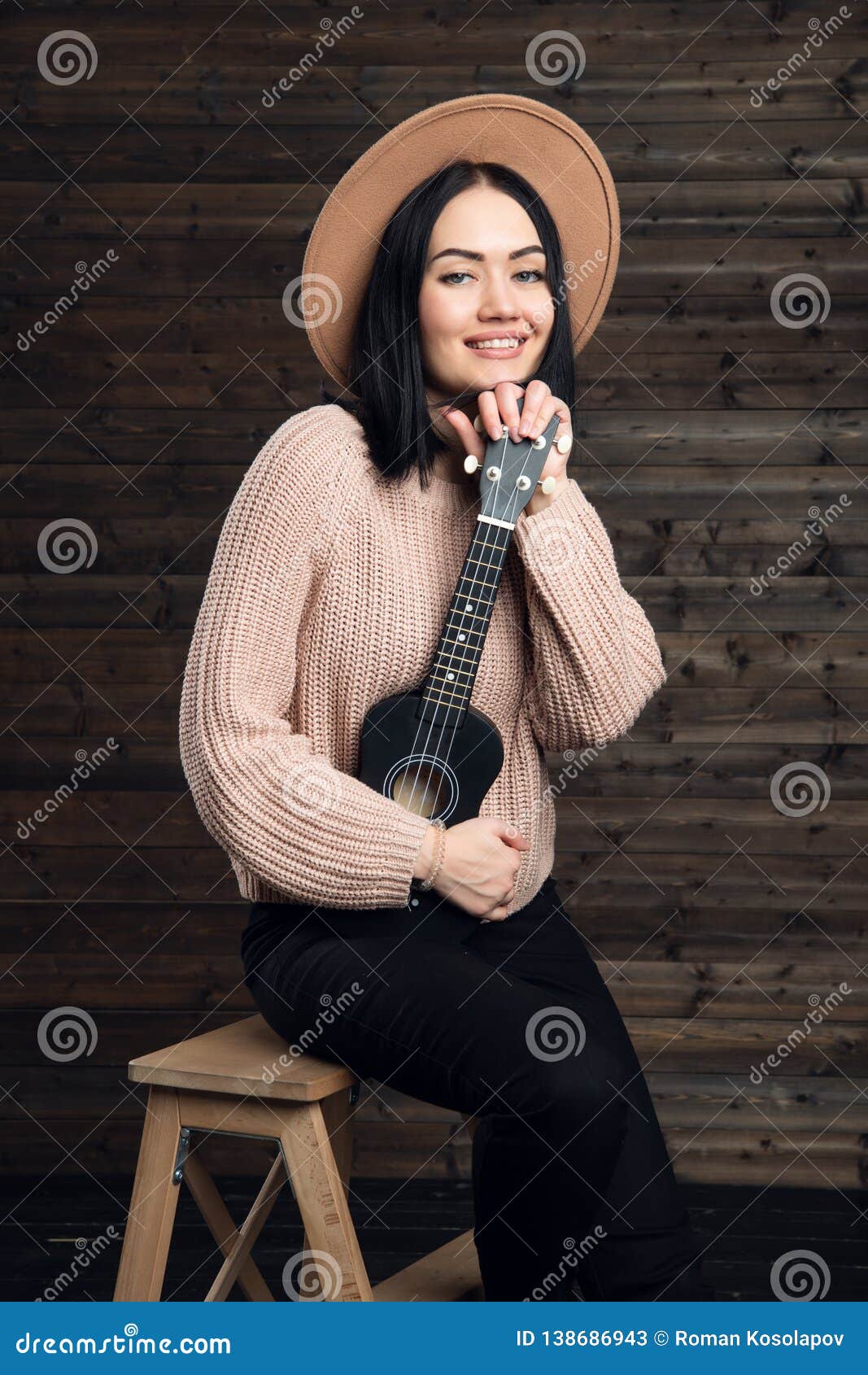 Happy Girl With Small Ukulele Guitar Shout Brunette Woman Having Fun