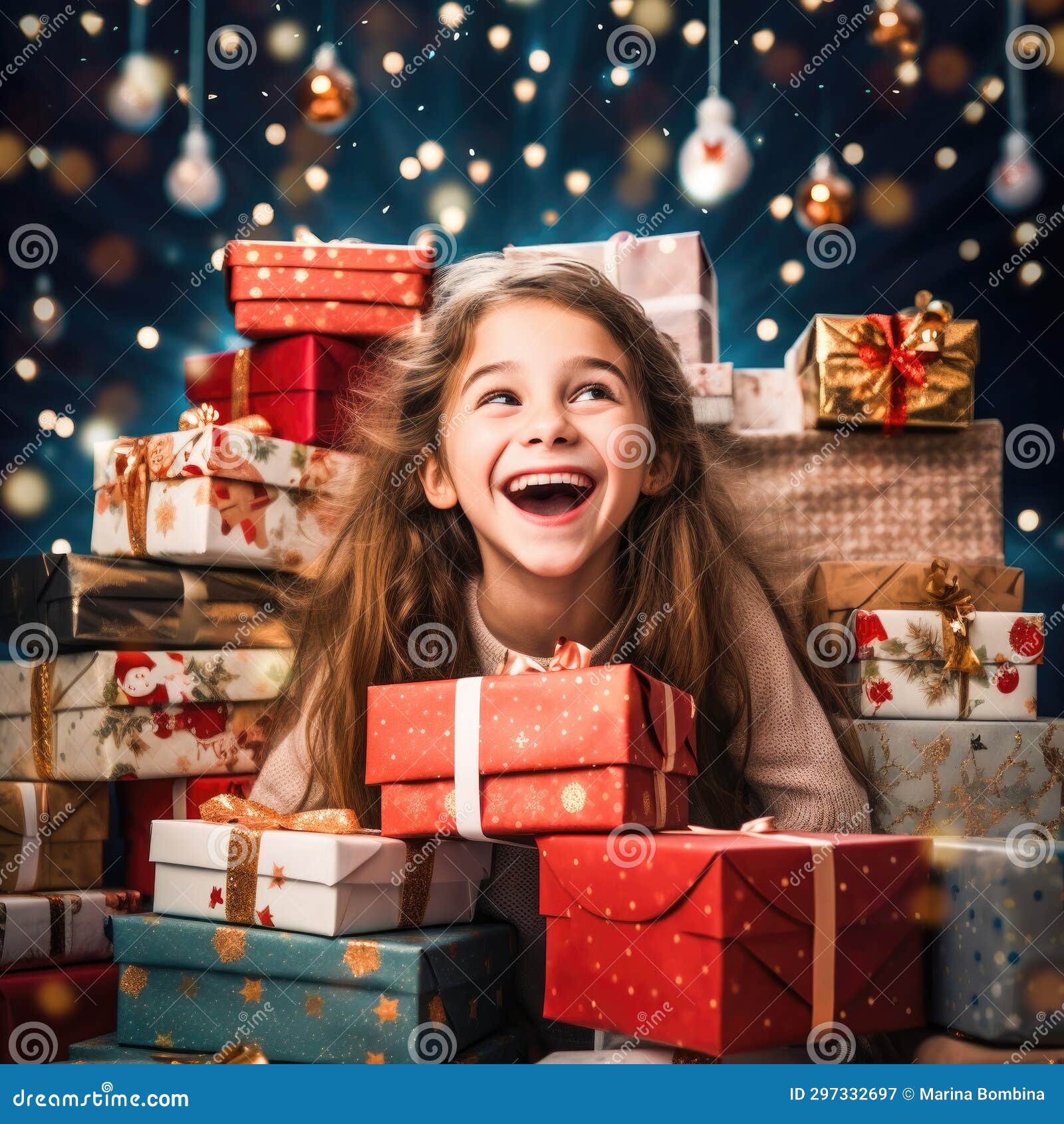 Happy Girl and Stack of Christmas Gift Boxes Stock Illustration ...