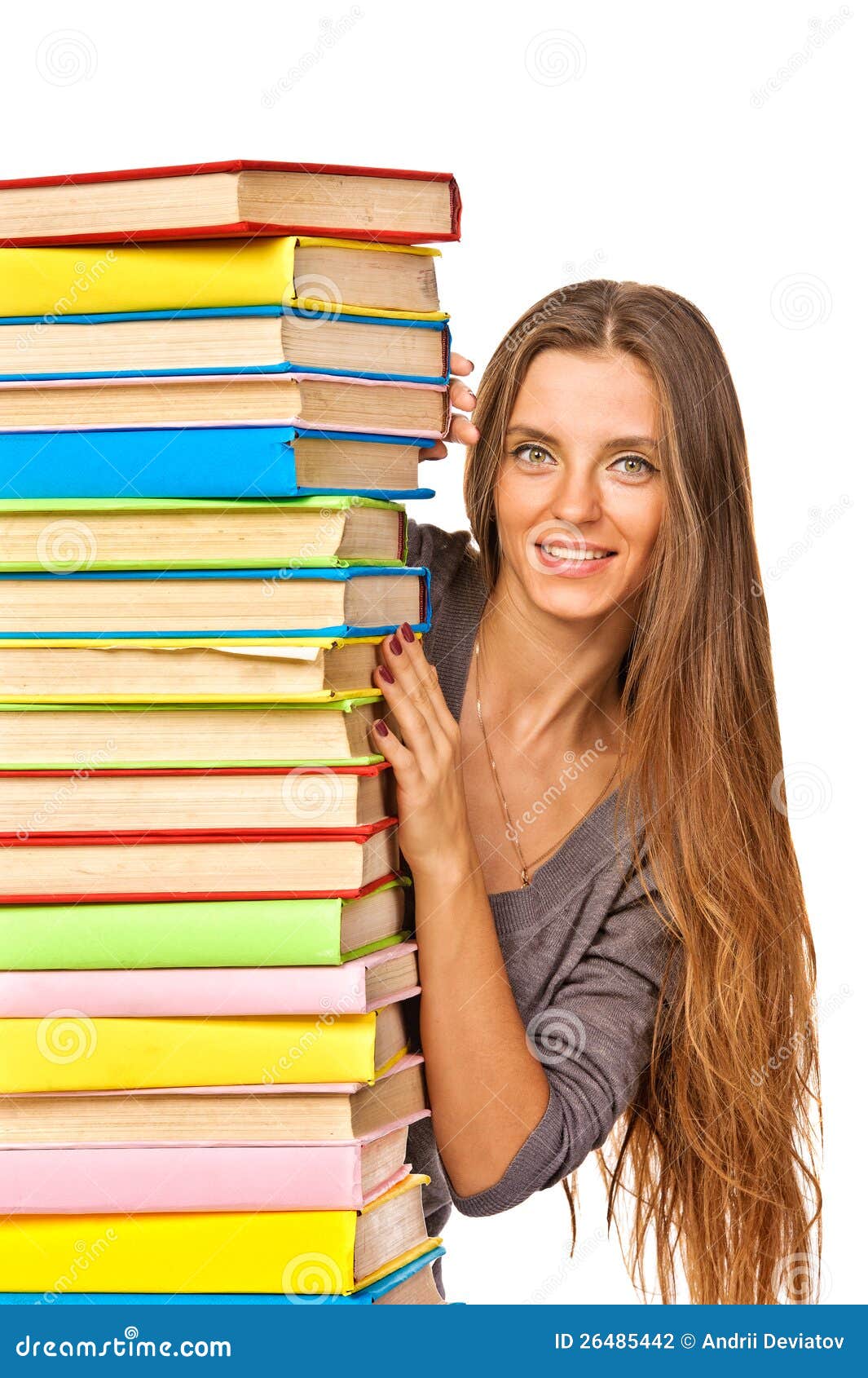 Happy Girl with Stack Color Books Stock Photo - Image of education ...