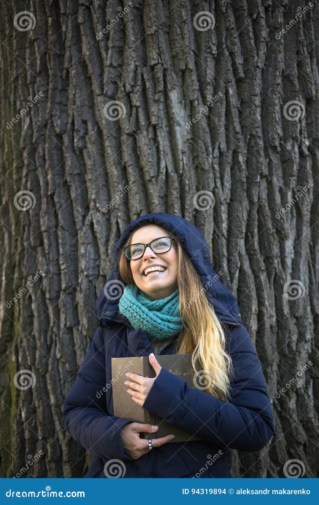 Happy Girl Standing by the Big Tree Stock Photo - Image of large ...