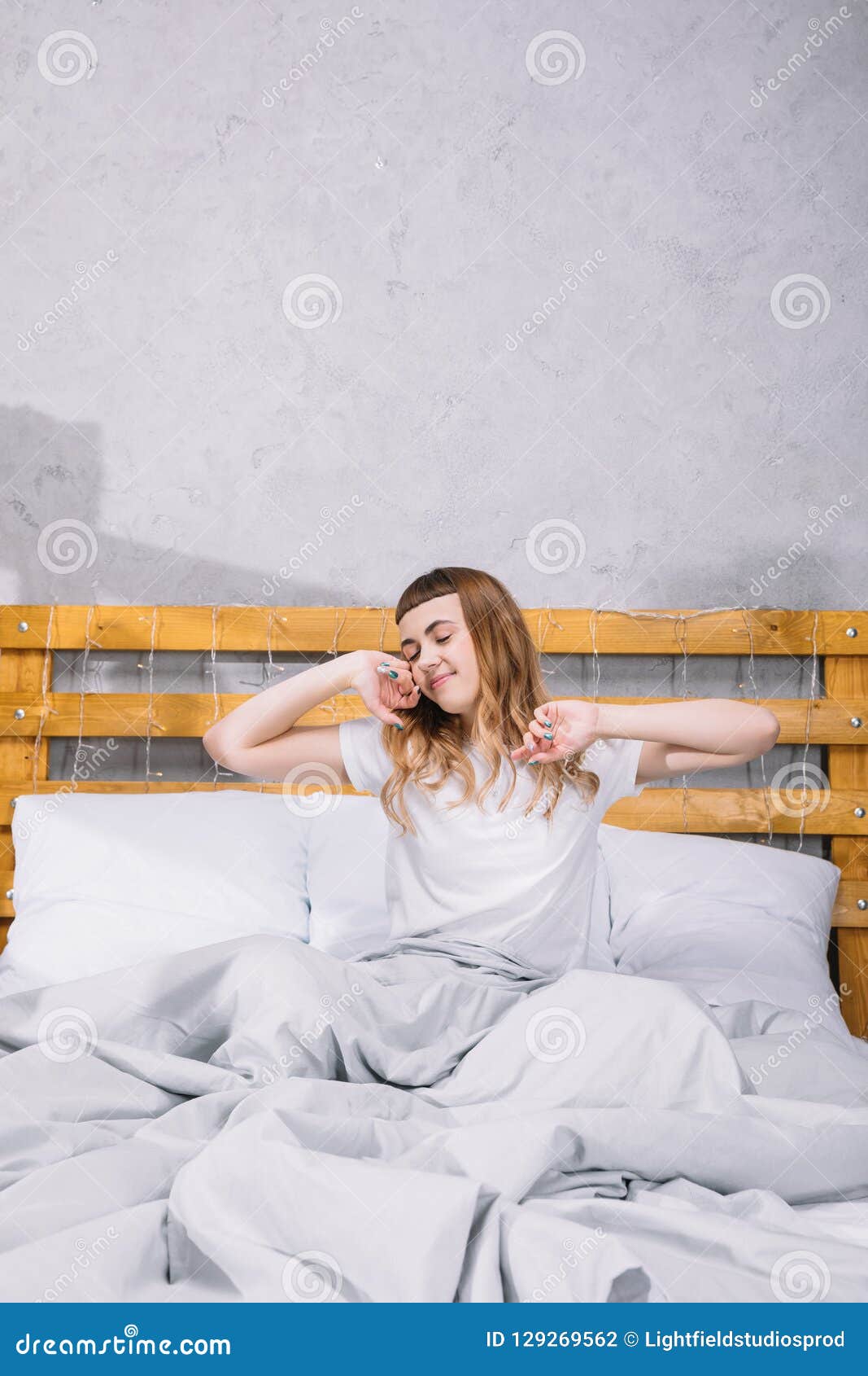 Happy Girl Stretching in Bed Stock Photo - Image of female, woman ...