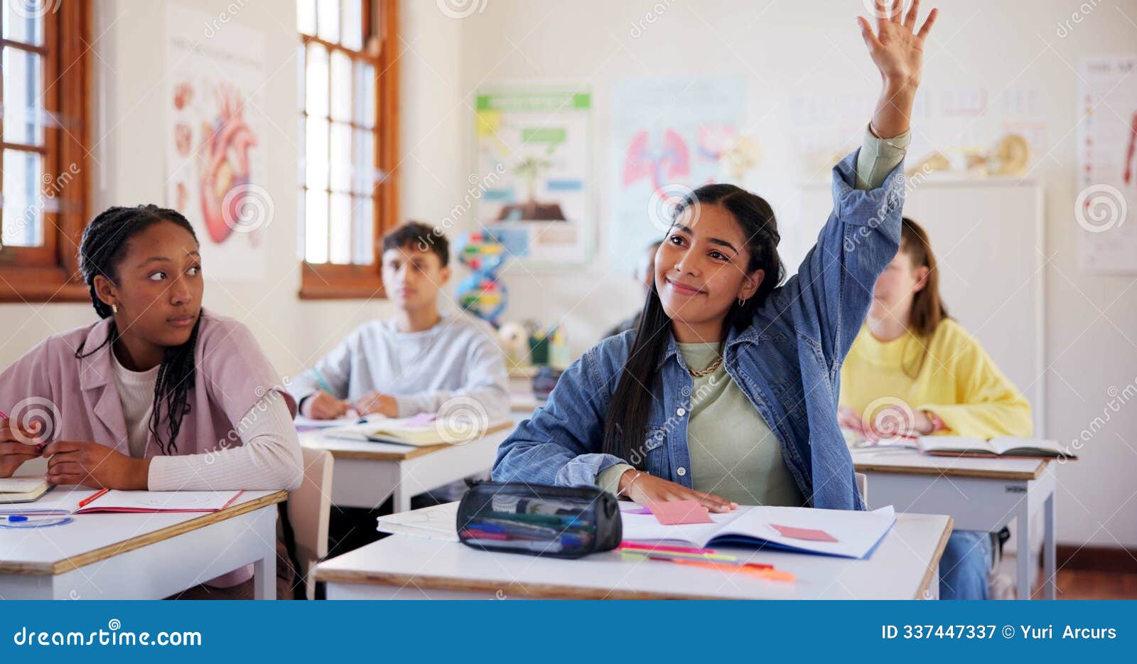 Happy Girl, Students and Hands Raised with Question in Classroom for ...