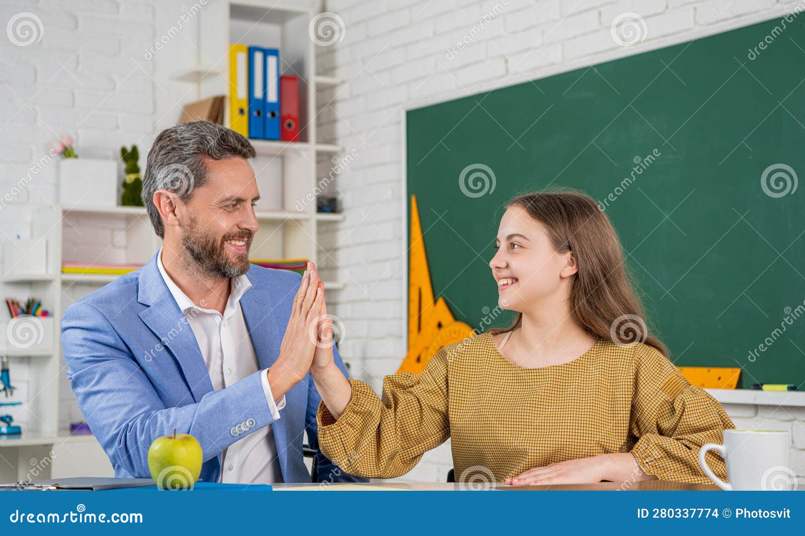 Happy Girl Study in Classroom with Tutor Stock Photo - Image of school ...