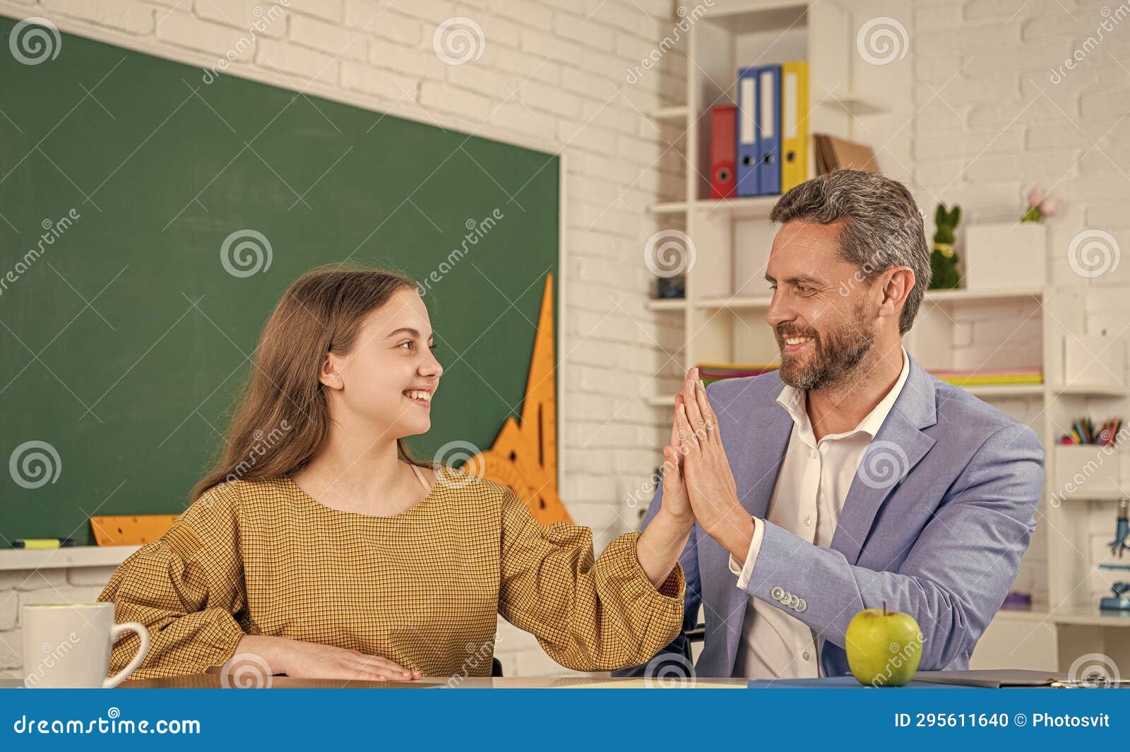 Happy Girl Study in Classroom with Tutor Stock Photo - Image of ...