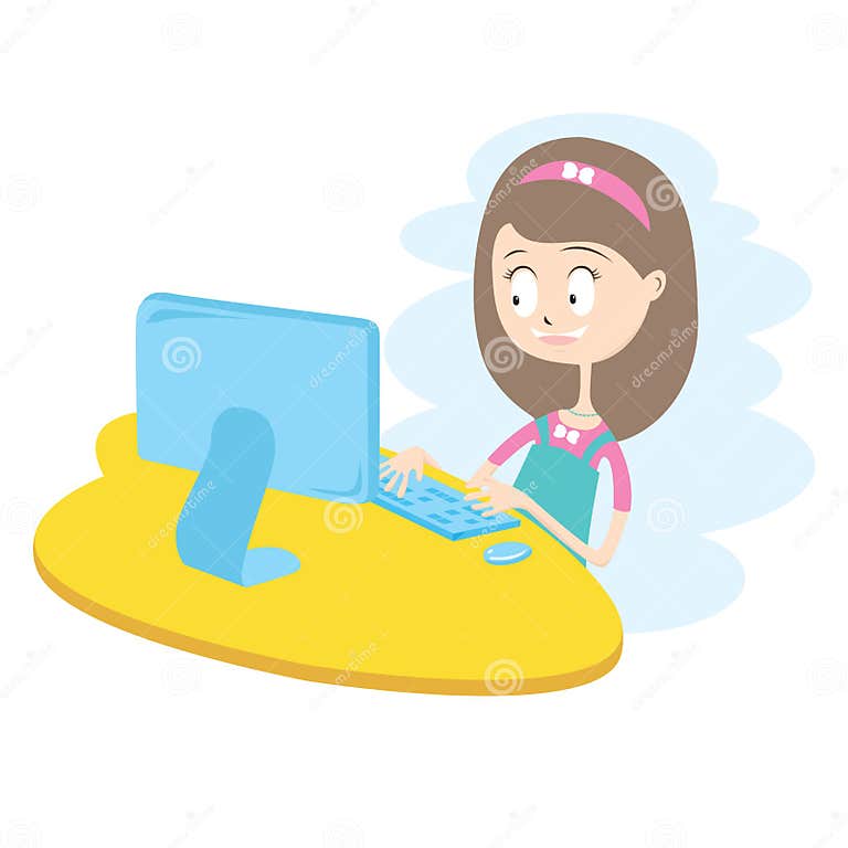 Happy Girl Using Computer. stock vector. Illustration of isolated ...