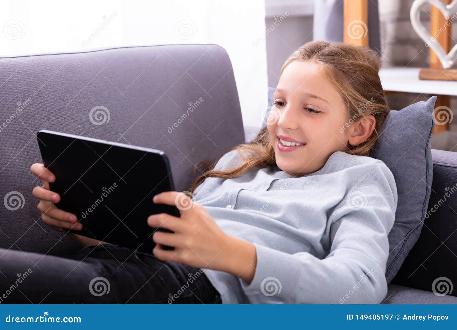 Happy Girl Using Digital Tablet Stock Image - Image of happy, mobility ...