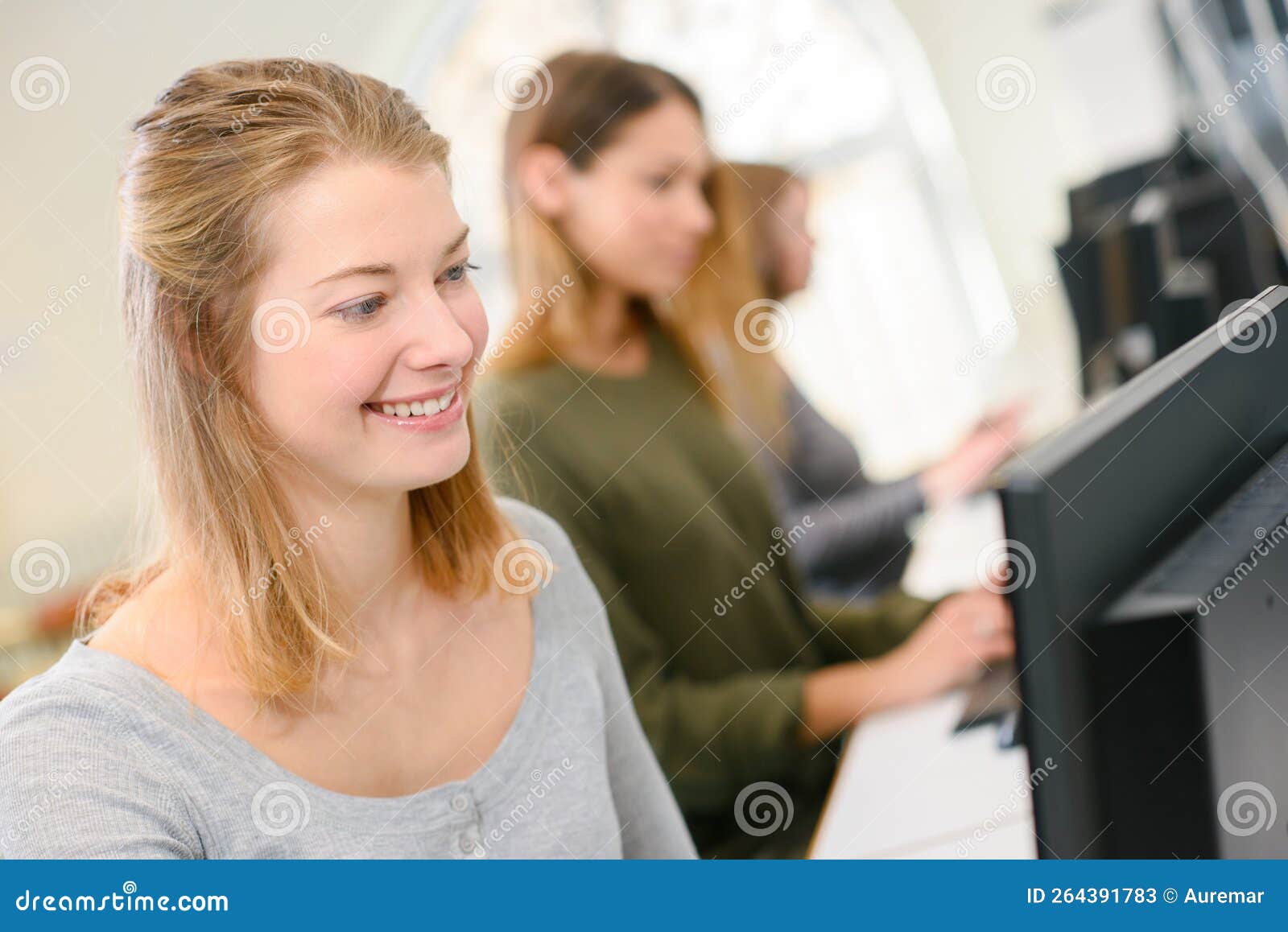 Happy girl using laptop stock image. Image of beauty - 264391783